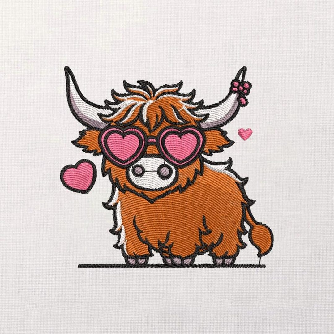 Highland Cow Embroidery Design, Heart Sunglasses Motif, Cute Farm ...