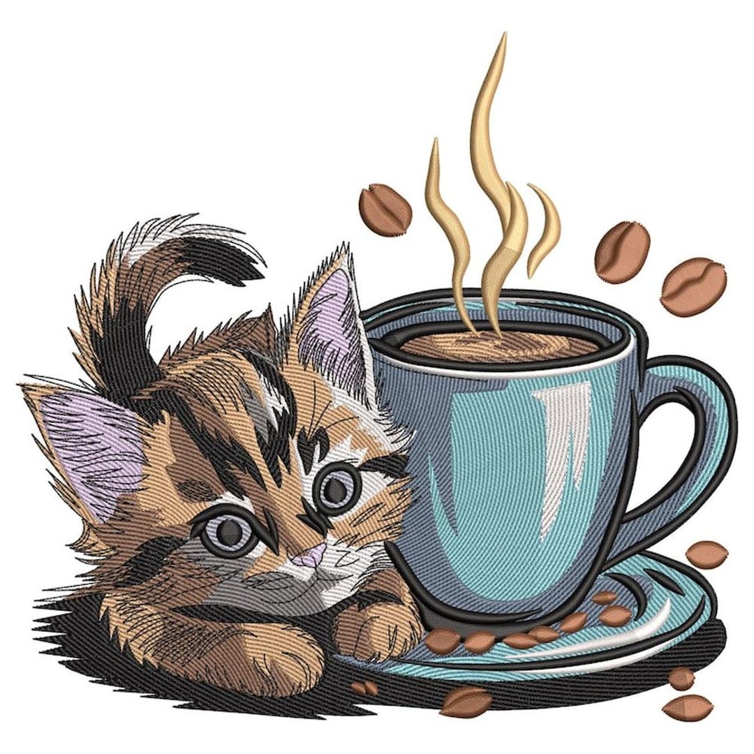 Tabby Kitten Coffee Cup Embroidery Pattern, Cute Cat Motif, Apron and ...