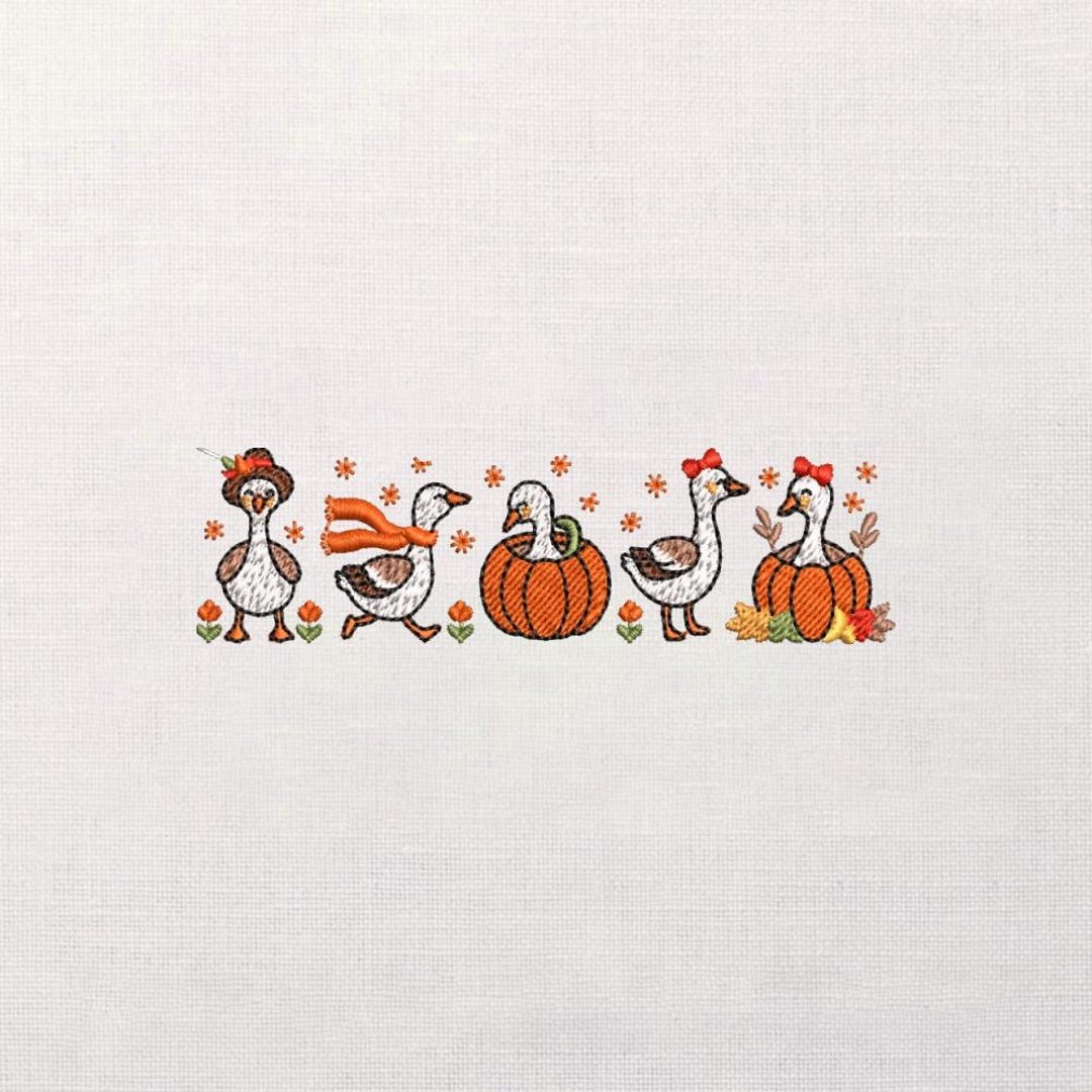 Autumn Goose Embroidery Design Set, Pumpkin and Leaves Motifs ...
