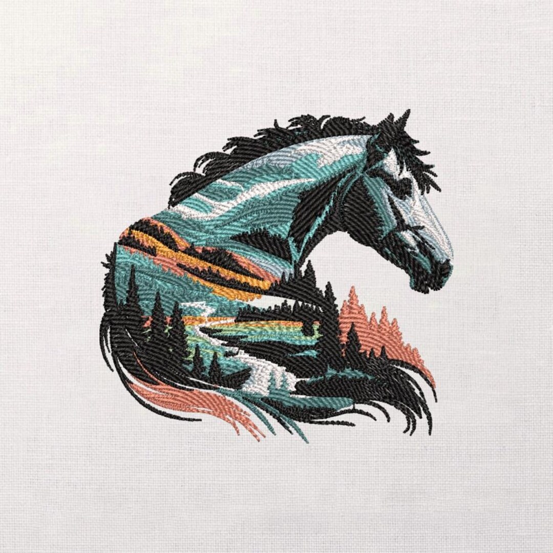 Wild Horse Landscape Embroidery Design, Sunset River Scene, Western ...