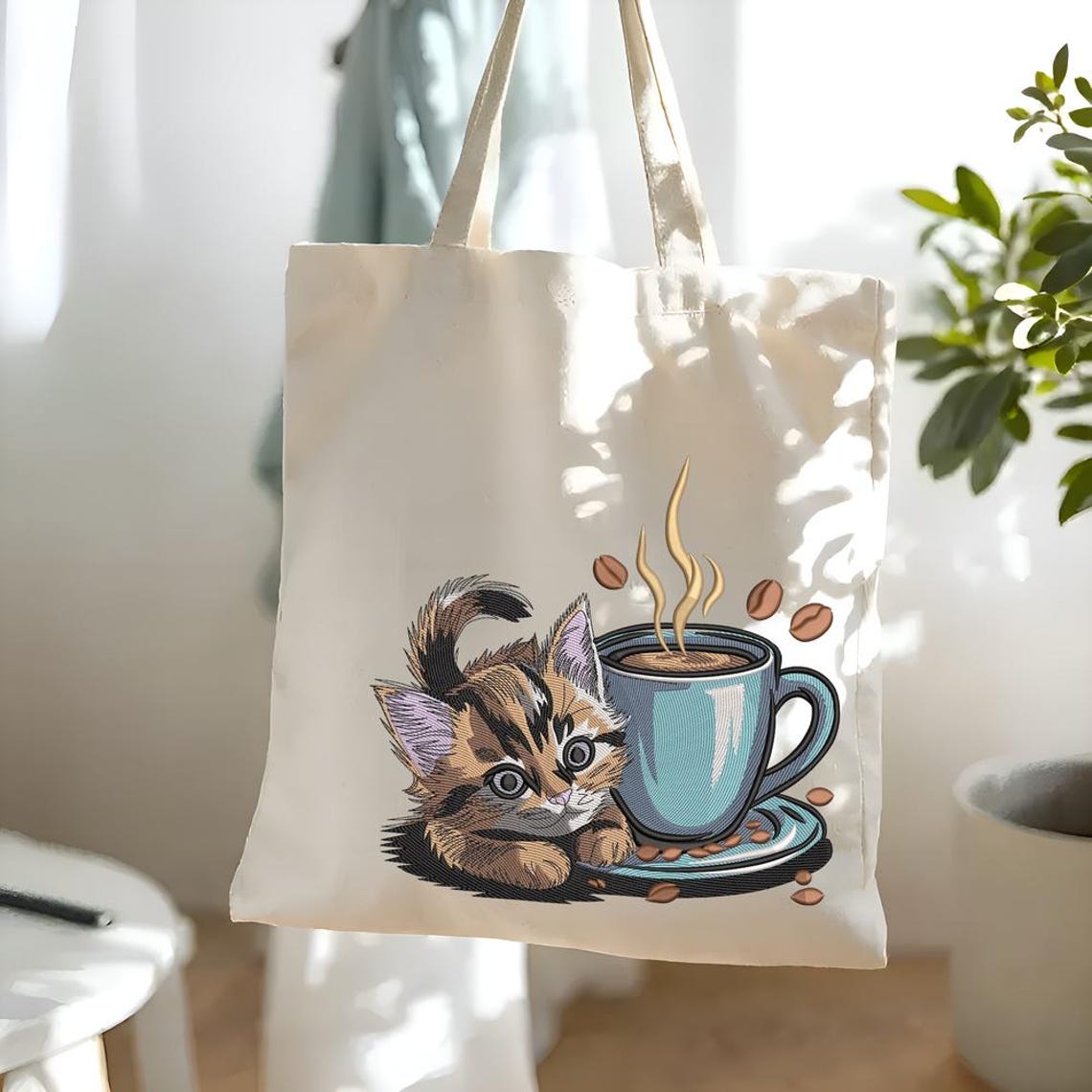 Tabby Kitten Coffee Cup Embroidery Pattern, Cute Cat Motif, Apron and ...