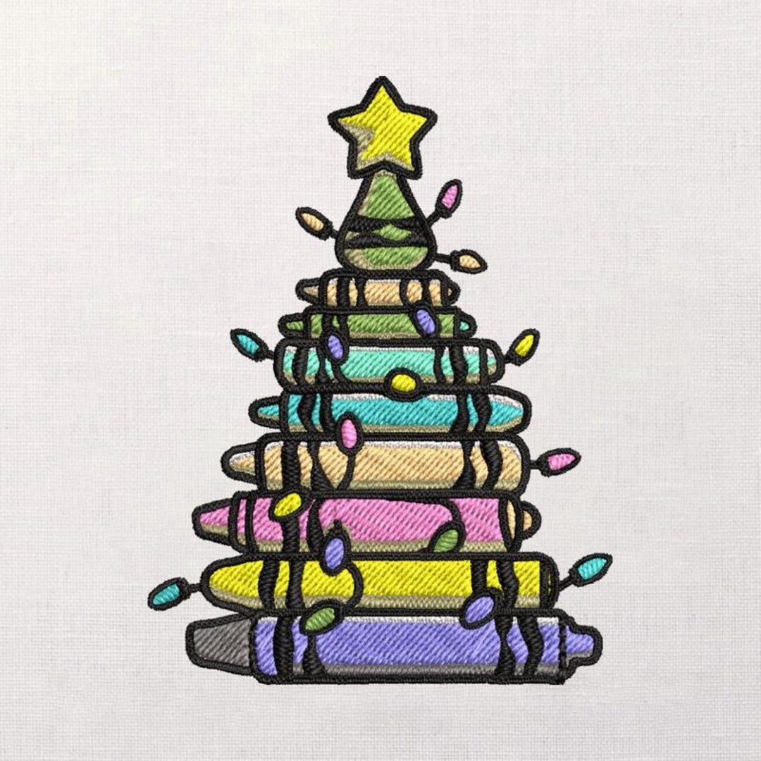 Crayon Stack Holiday Tree Embroidery Design, String Lights Stitch ...