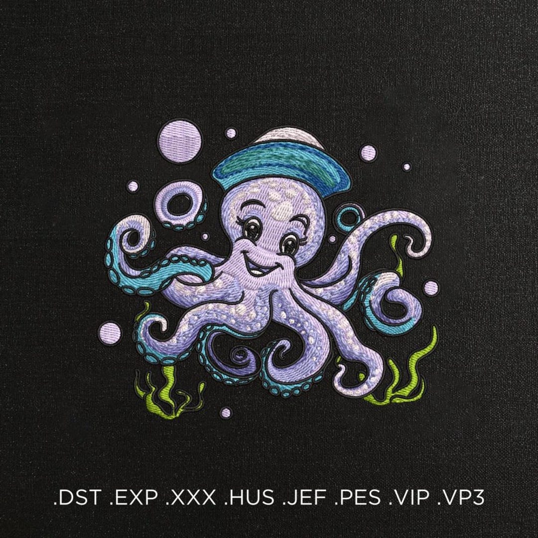 Cute Octopus Embroidery Design, Nautical Kids Motif, Cartoon Sea ...