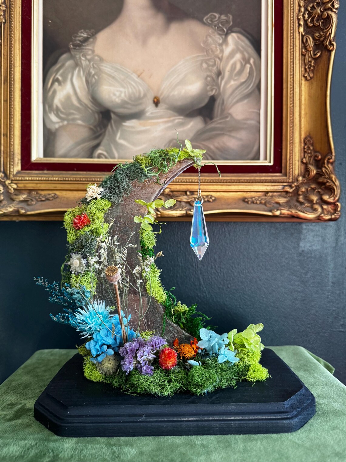 Handcrafted Botanical Crescent Moon Lamp With Hanging Crystal Prism - Etsy
