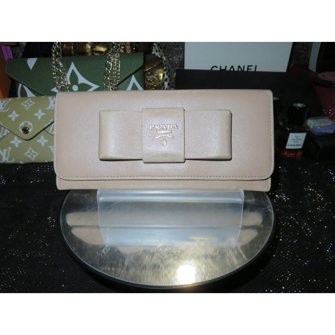 Prada Blush Champagne Pink Saffiano Ribbon Bow Embellished Bi-fold ...