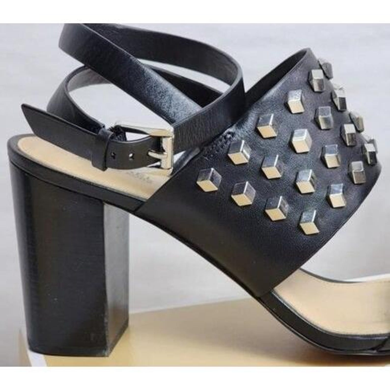 MICHAEL KORS Valencia Black Studded Leather Ankle Strap Chunky Heel ...