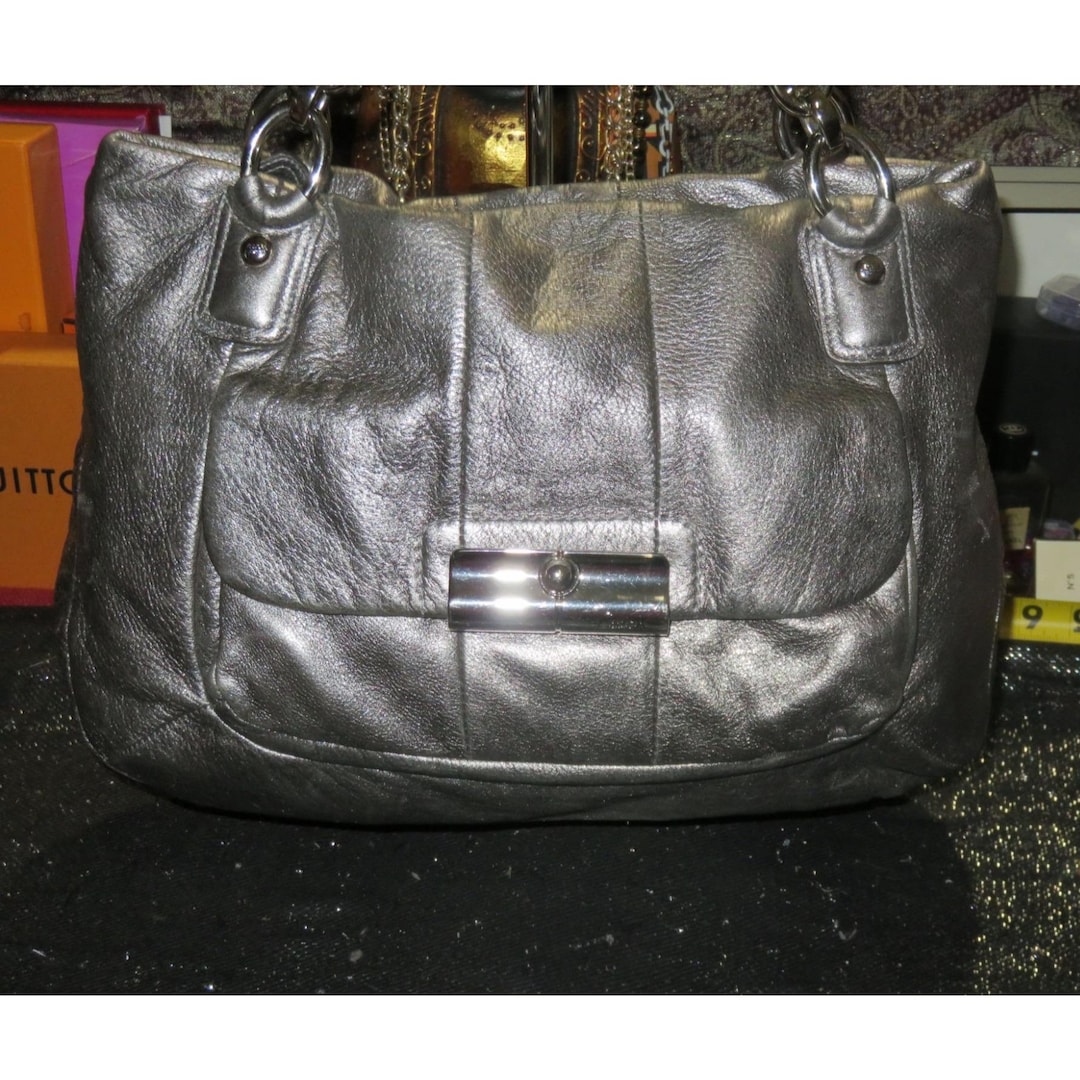 COACH Kristin Metallic Pewter Leather Front Flap Satchel Hobo Handbag ...