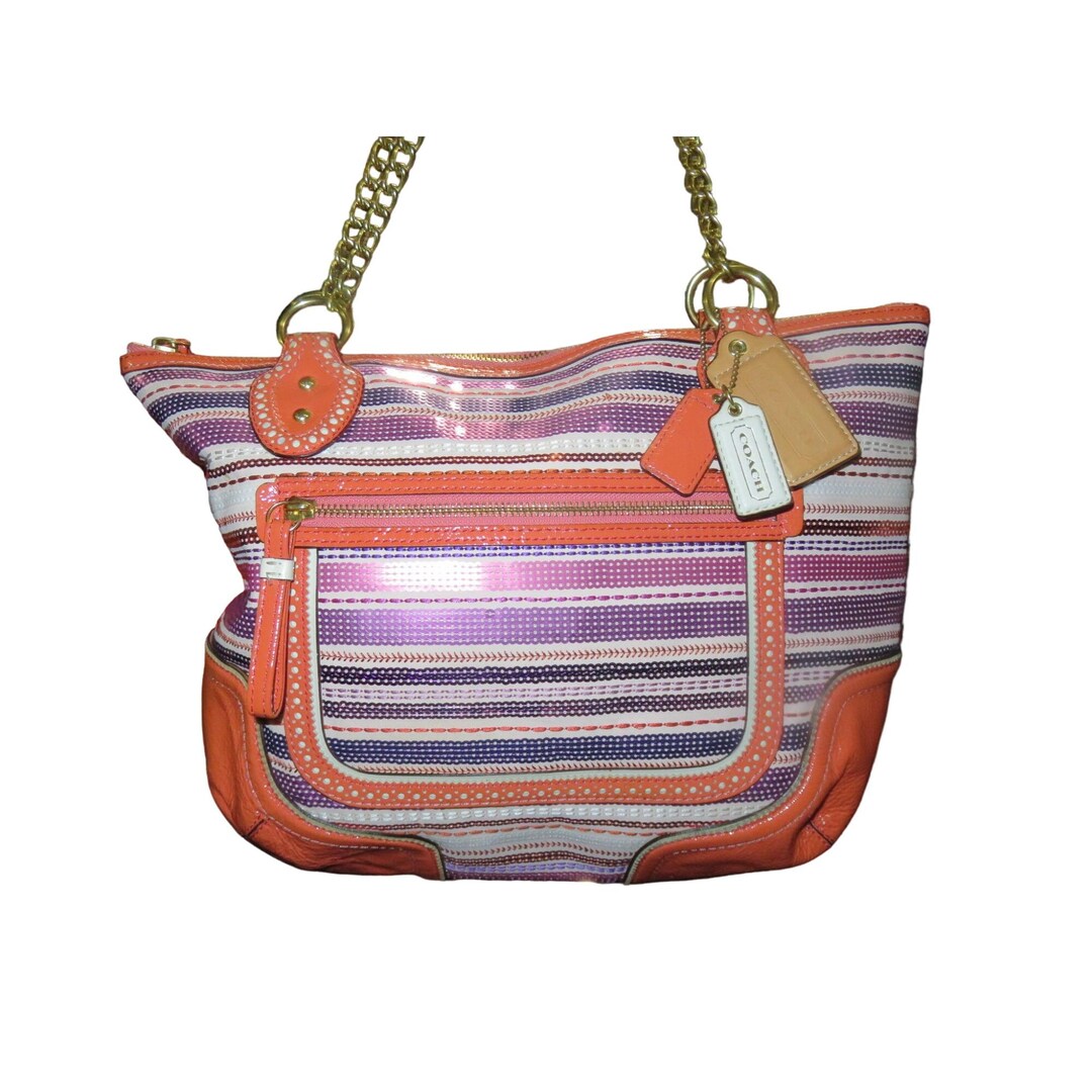 Coach Cursive Creed Limited Edition Poppy Coral Leather Purple Sequin ...