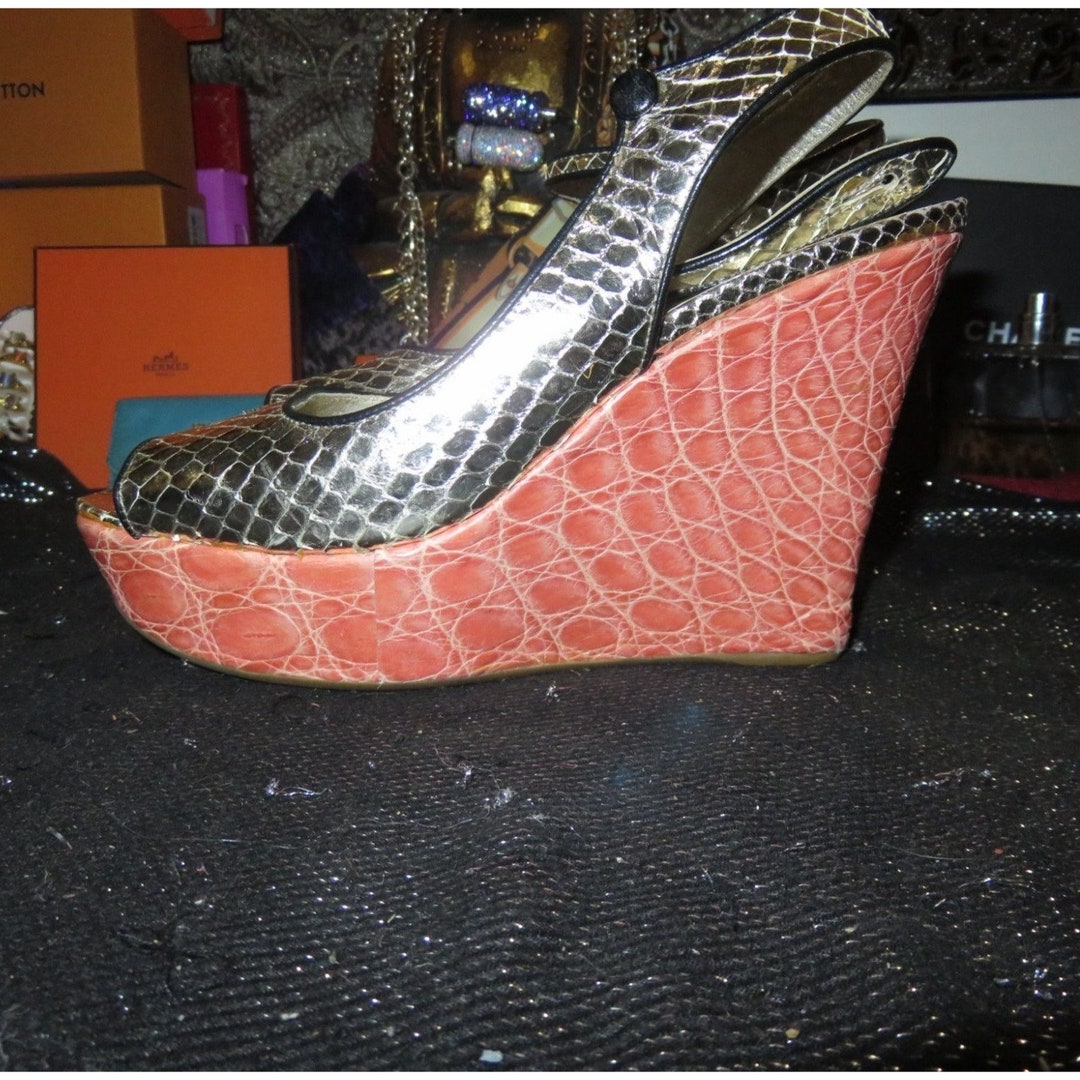 Prada Italian Snakeskin & Croc Embossed Leather Wedges Pink and Gold 37 ...