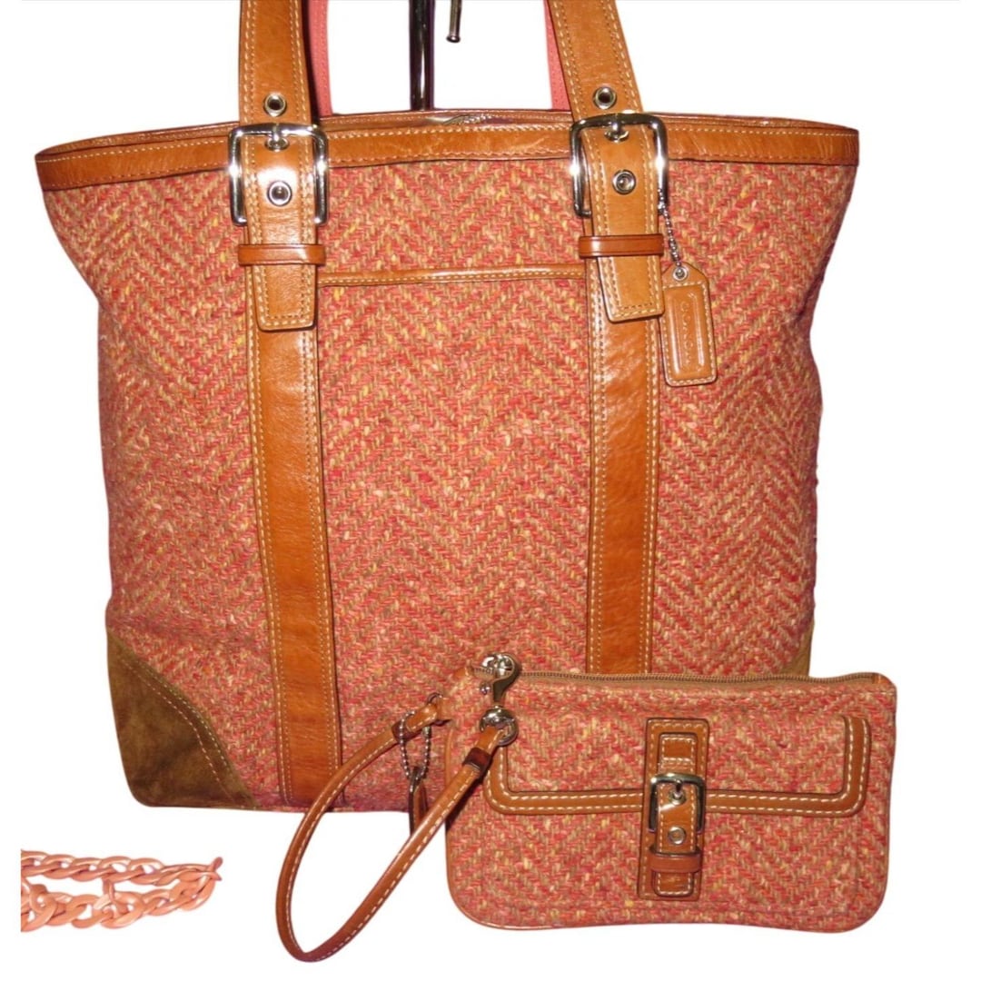 Coach Herringbone Tweed, Suede and Leather Tote Bag & Matching Wristlet ...