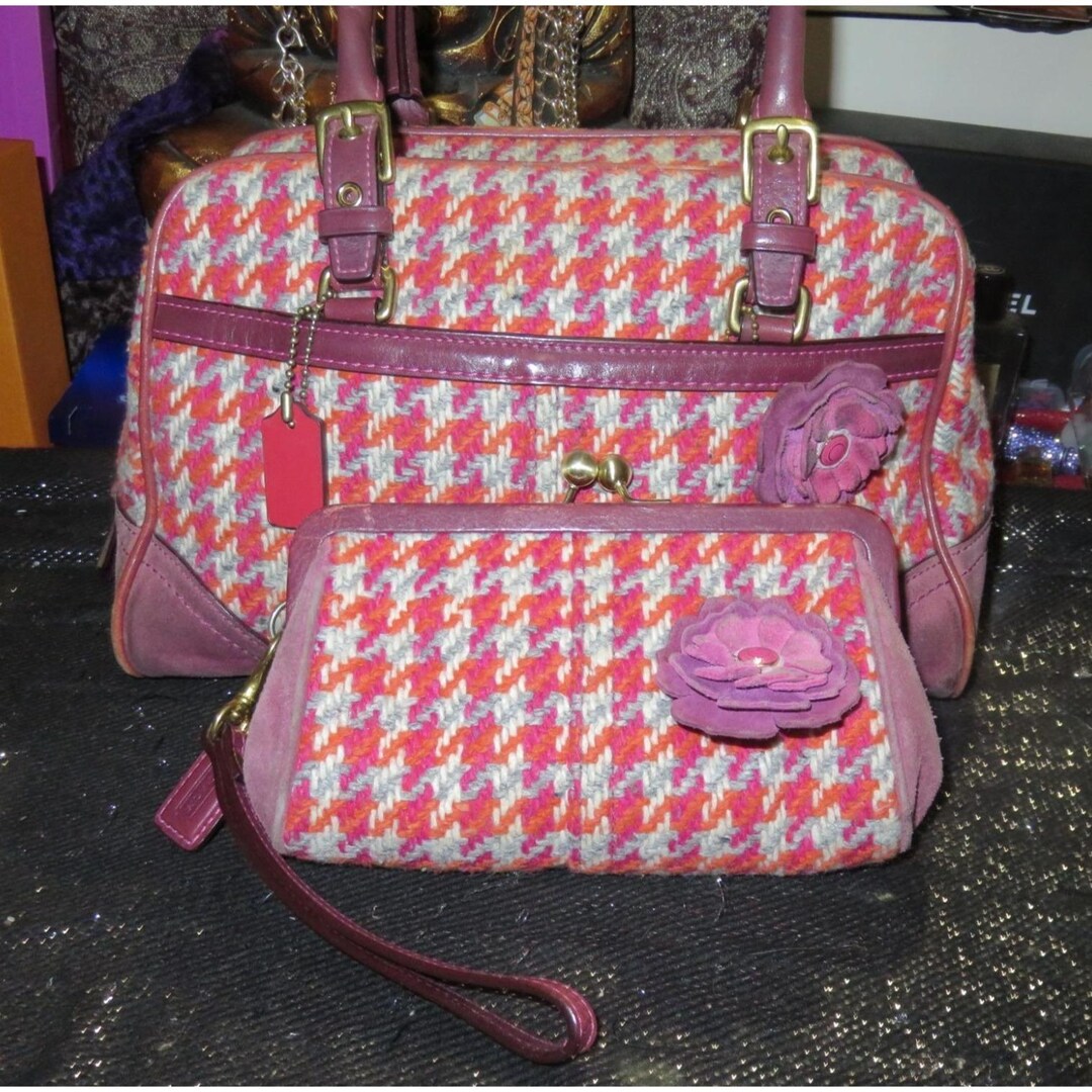 Coach 2005 Hamptons Houndstooth Tweed Suede Leather Satchel & Kisslock ...