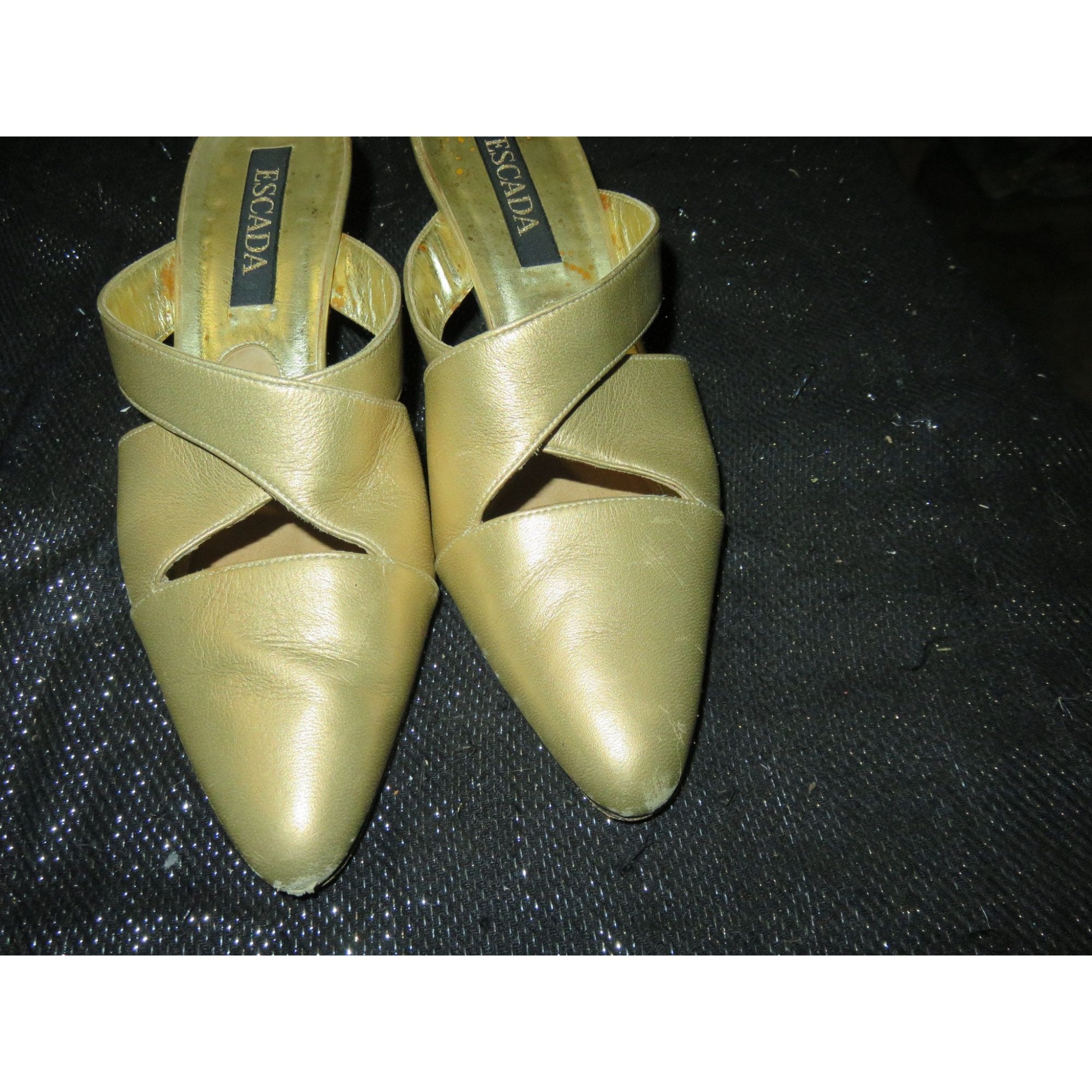 Escada Vintage Gold Satin & Leather Kitten Heeled Mules Sandals Size 6 ...
