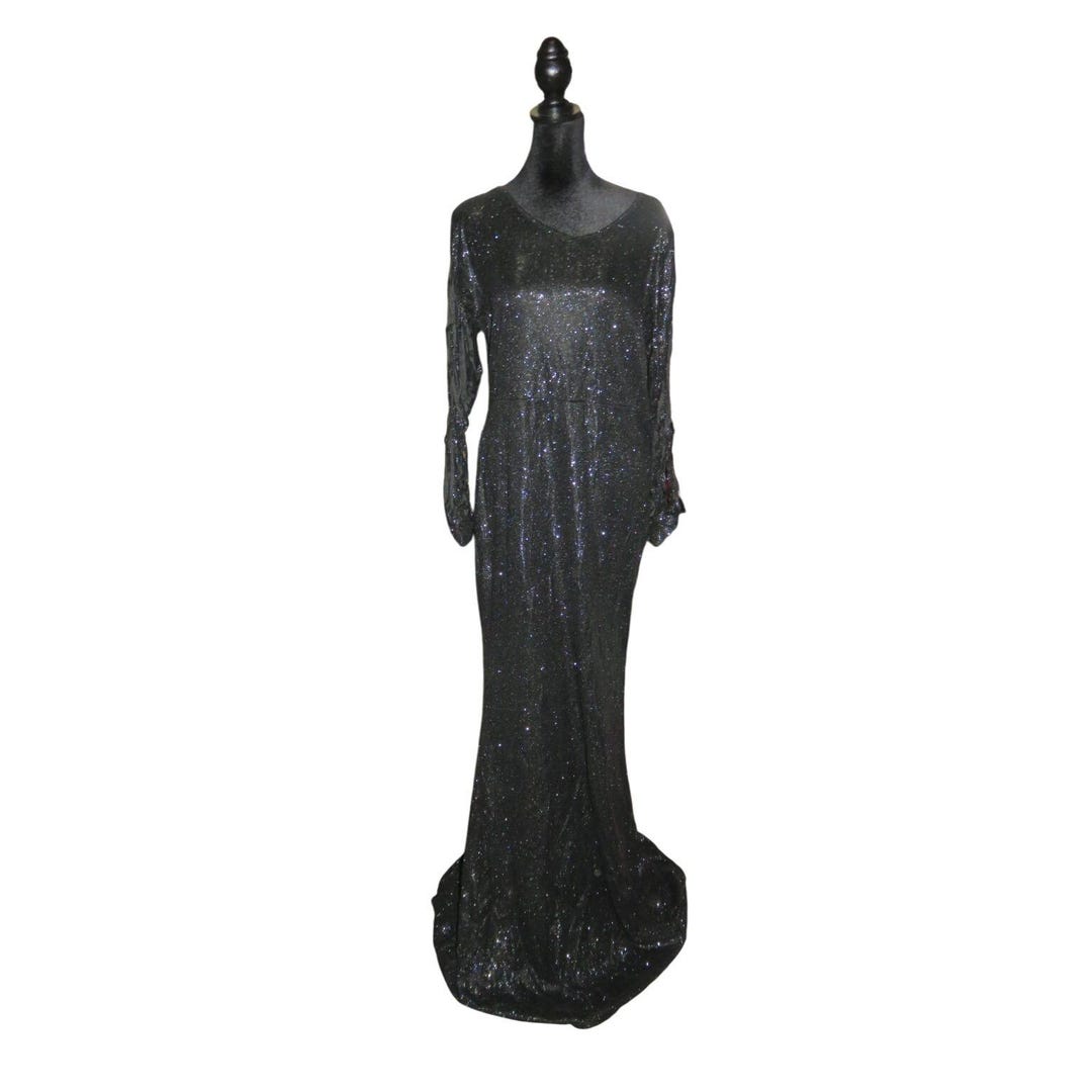 Black Maxi Bodycon Shimmer Long Ribbon Sleeve Mermaid Bottom Evening ...
