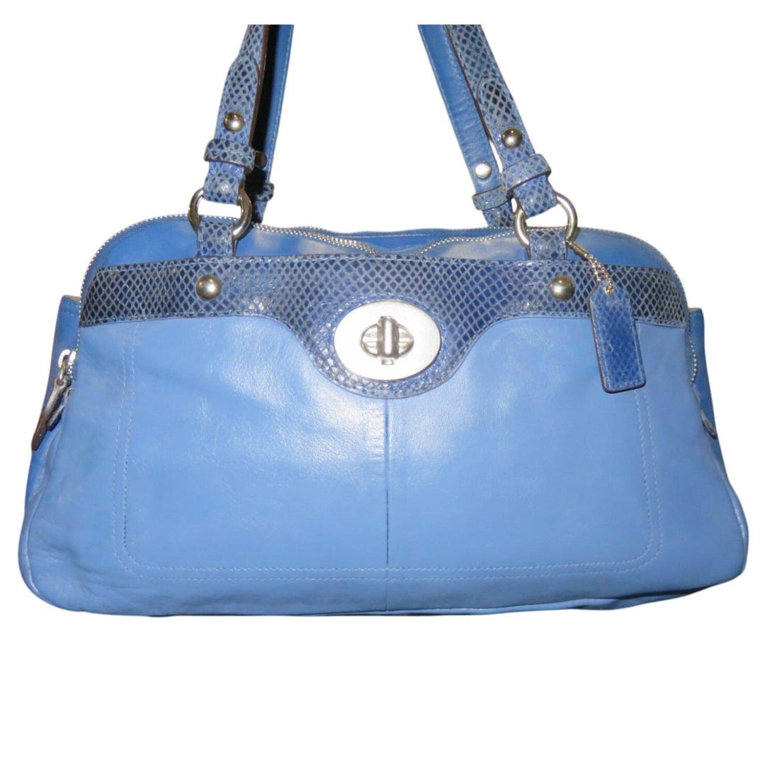 COACH Penelope Blue Exotic Snake Embossed Leather Trimmed Satchel ...