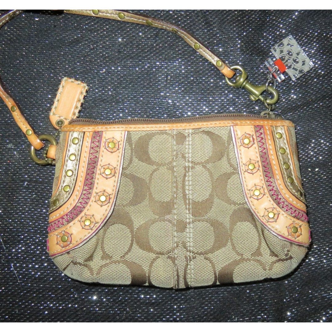 COACH Vintage Signature C Jacquard Canvas Studded Wristlet With Charm ...