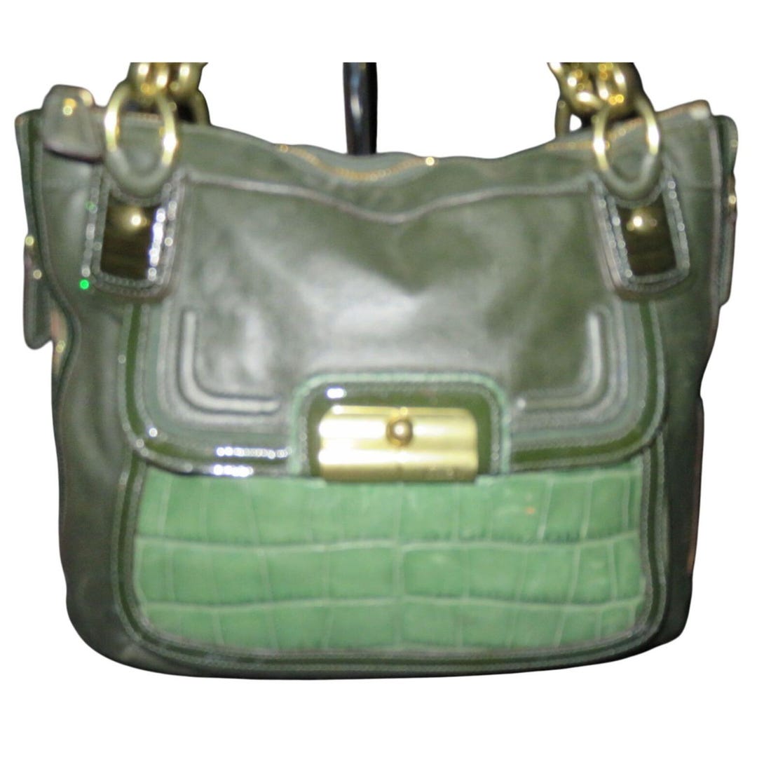 COACH Kristen Spectator Green Color Block Croc Embossed Exotic Leather ...