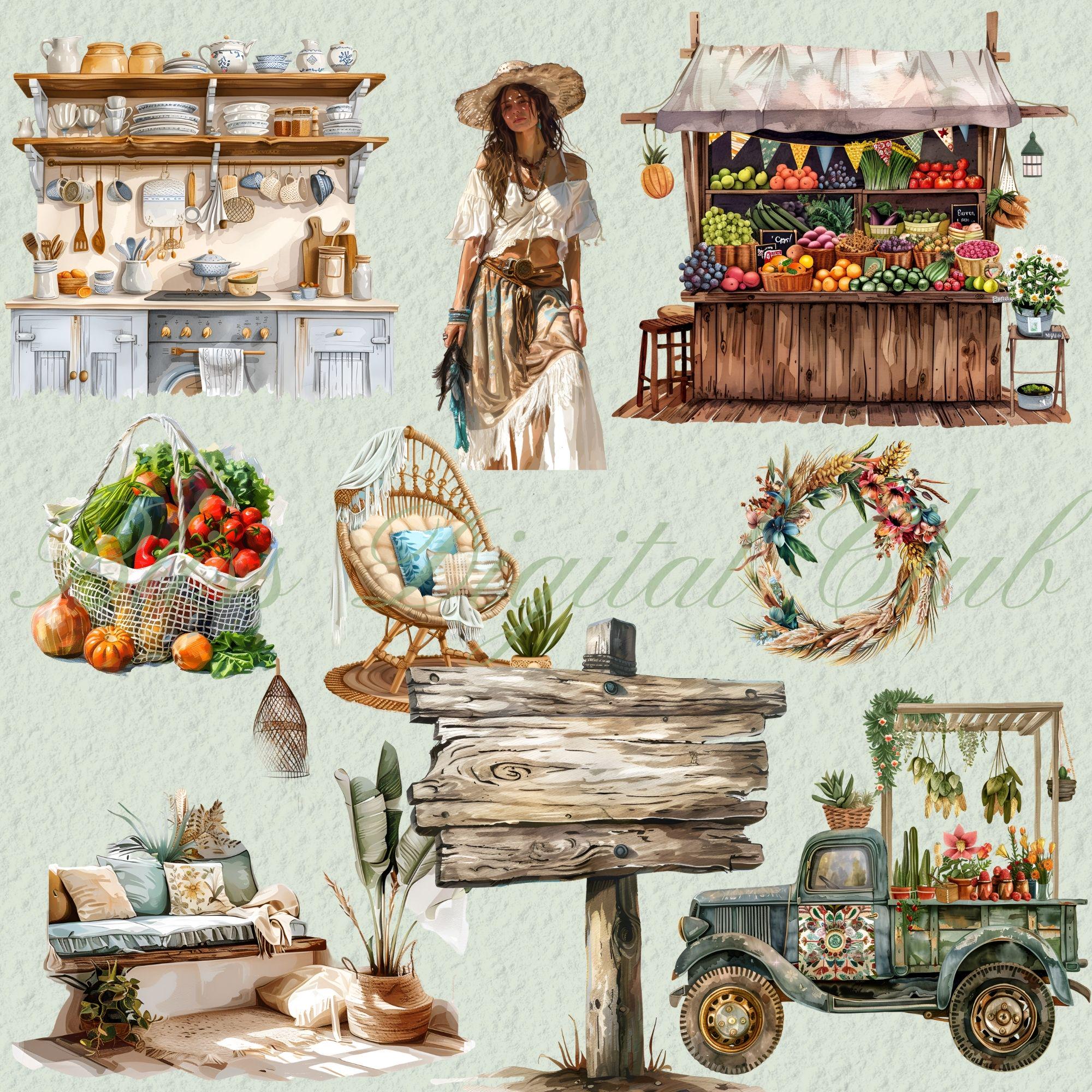 Watercolor Boho Farm, Cottagecore Clipart Png, Cottage Living, Boho ...