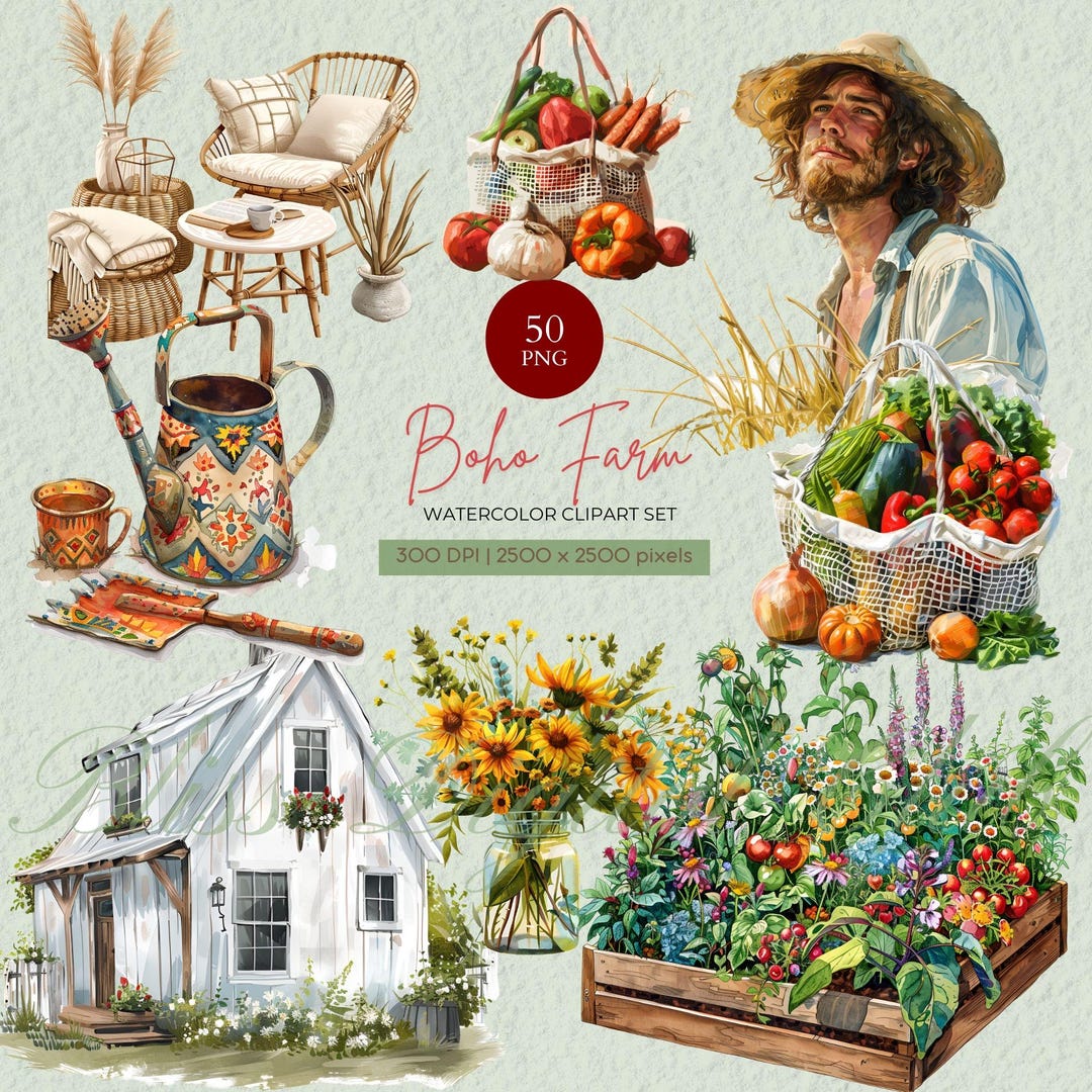 Watercolor Boho Farm, Cottagecore Clipart Png, Cottage Living, Boho ...