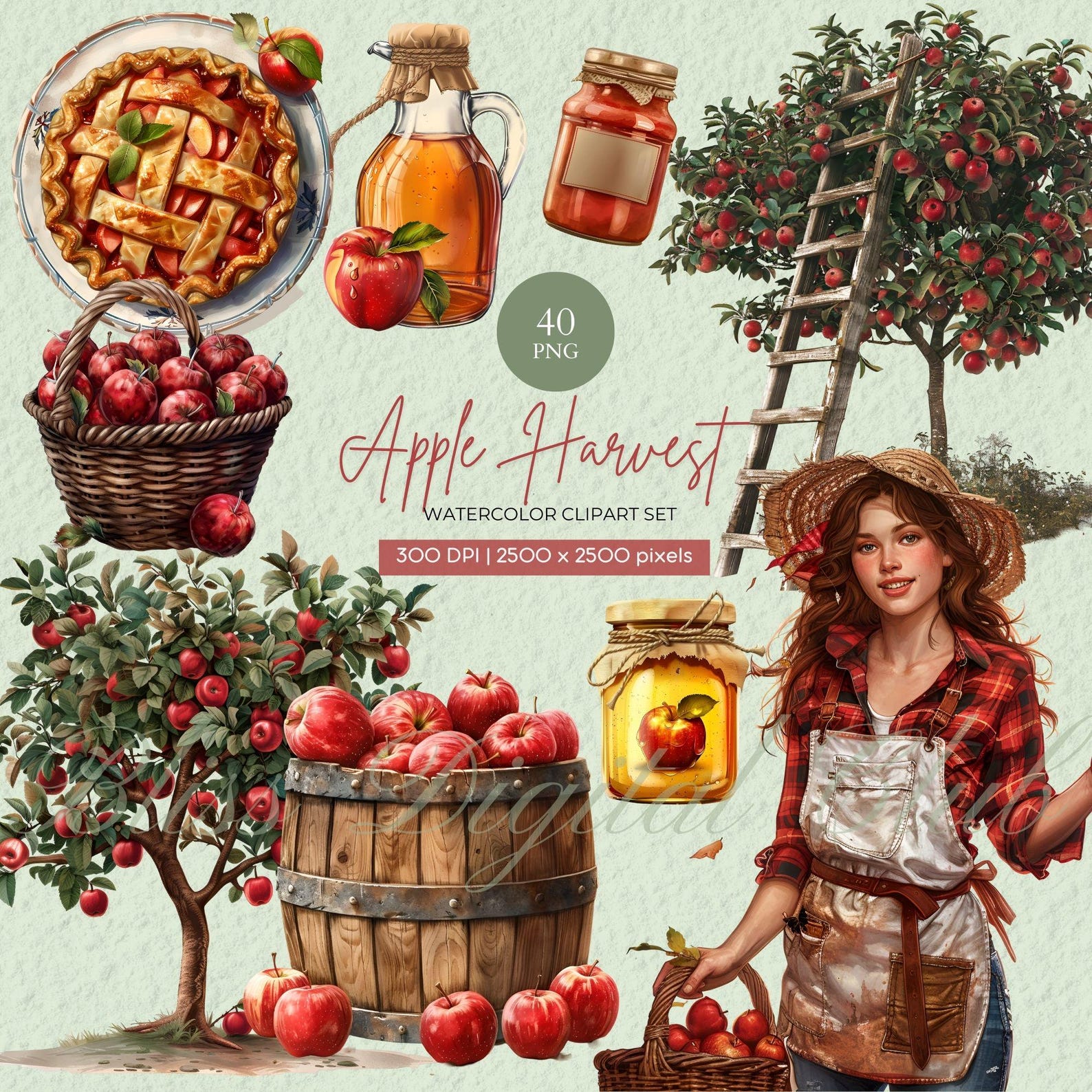 Watercolor Apple Harvest, Cottagecore Clipart Png, Cottage Living ...