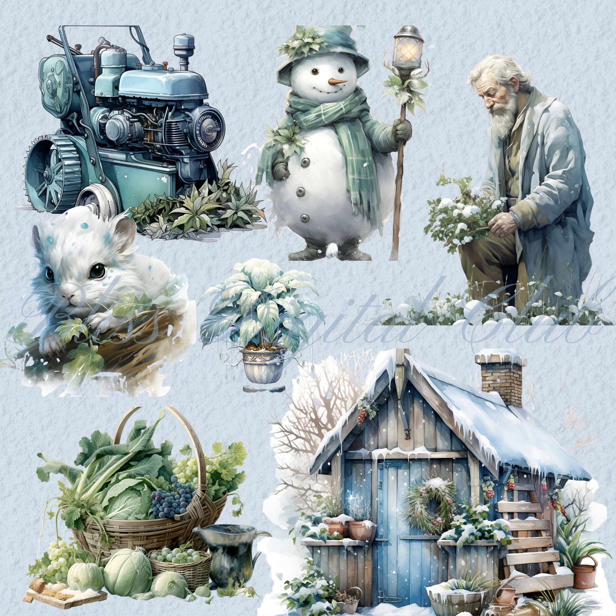 Watercolor Winter Gardening, Cottagecore Clipart Png, Cottage Living, Winter Gardening Bundle ...