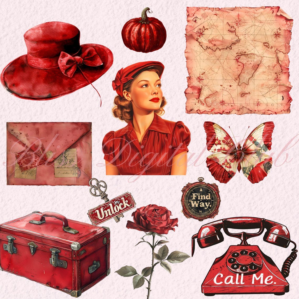 Watercolor Red Vintage, Cottagecore Clipart Png, Cottage Living, Red ...