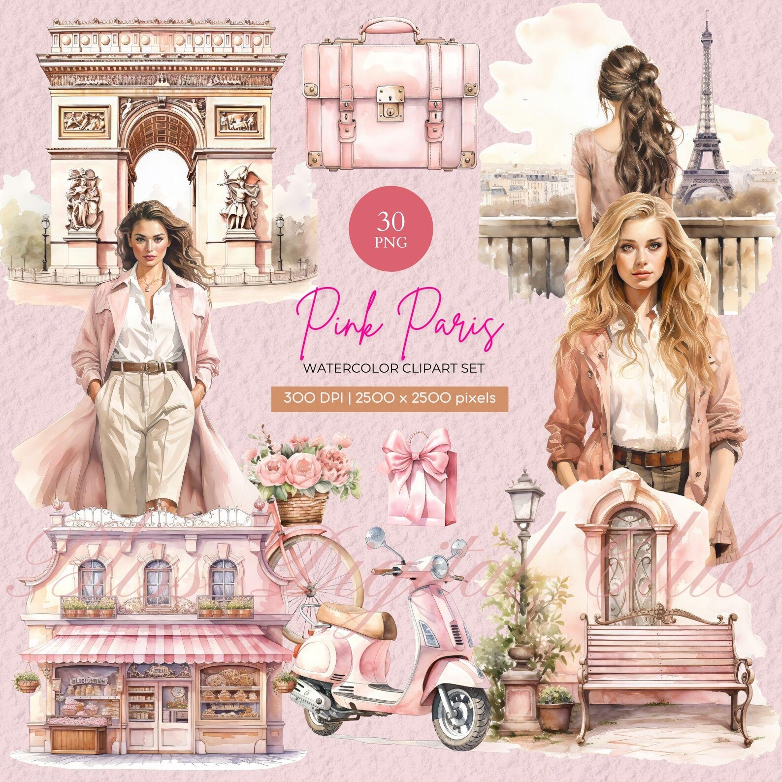 Watercolor Pink Paris, Cottagecore Clipart Png, Cottage Living, Pink ...