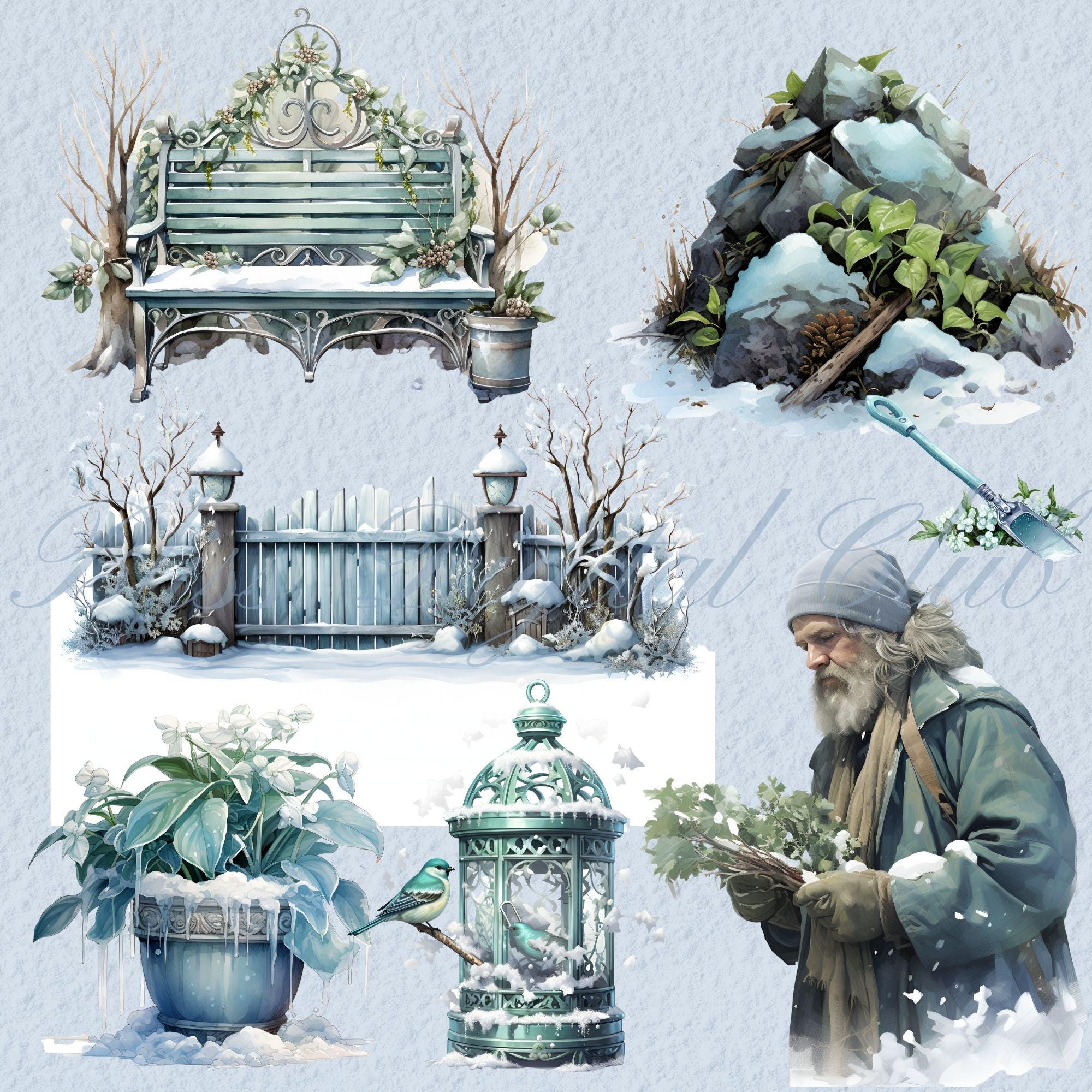 Watercolor Winter Gardening, Cottagecore Clipart Png, Cottage Living, Winter Gardening Bundle ...