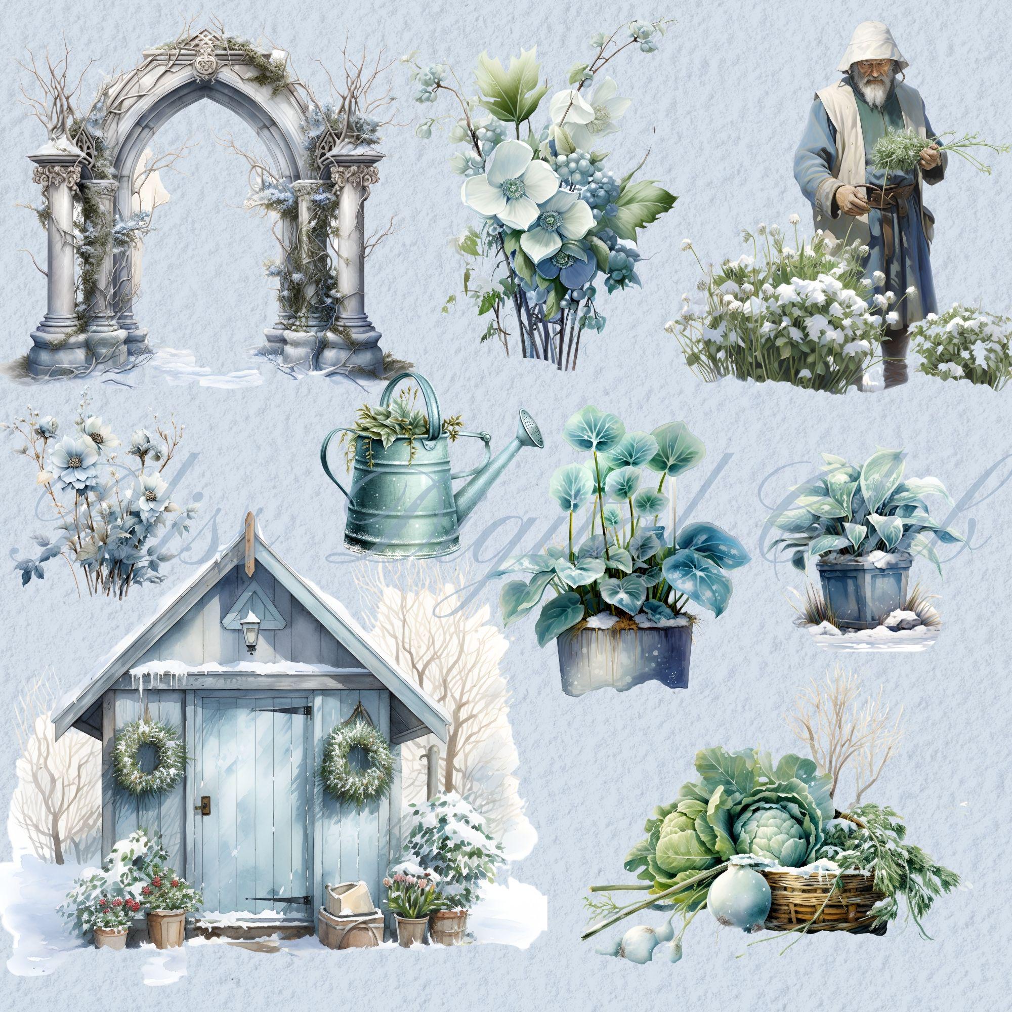 Watercolor Winter Gardening, Cottagecore Clipart Png, Cottage Living, Winter Gardening Bundle ...
