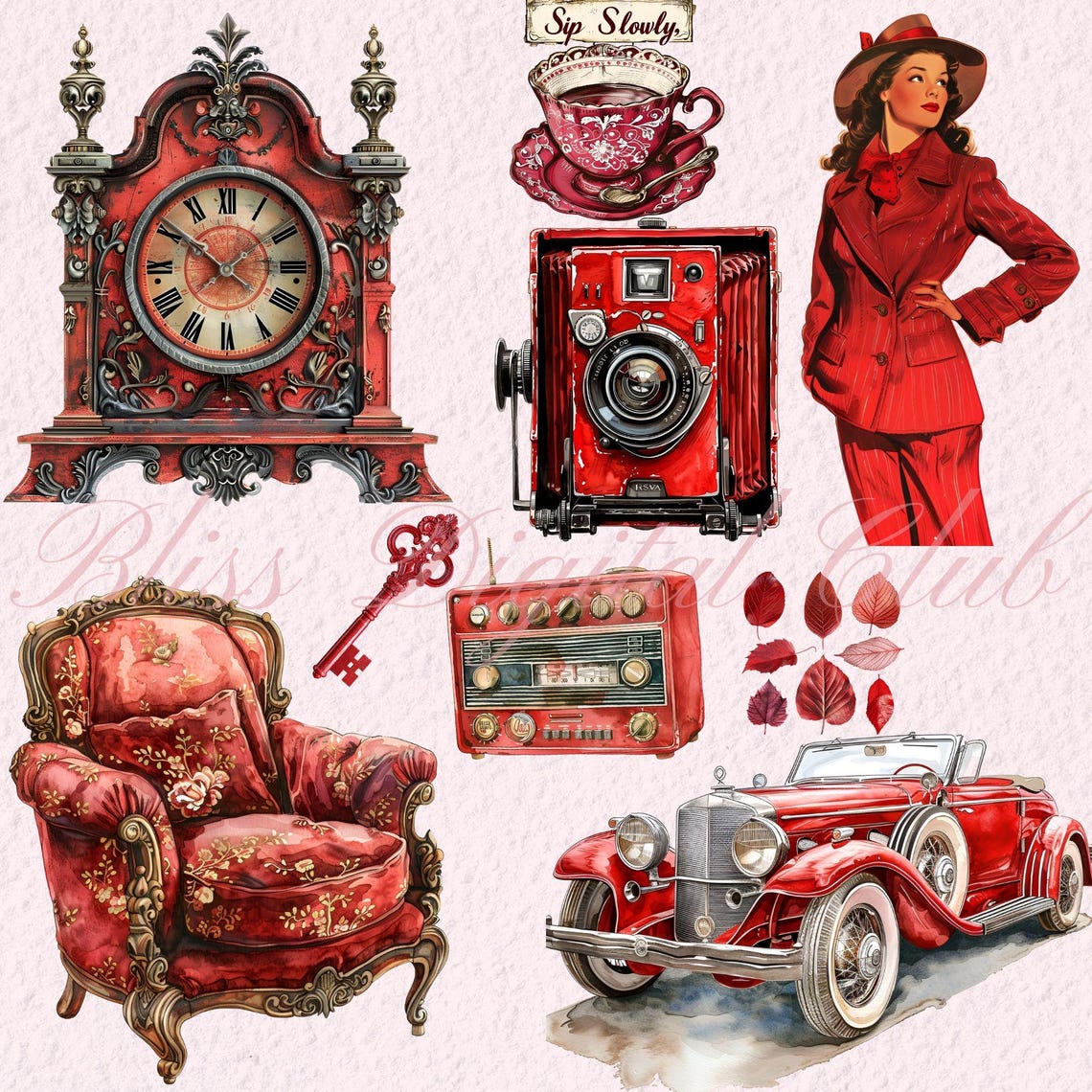 Watercolor Red Vintage, Cottagecore Clipart Png, Cottage Living, Red ...