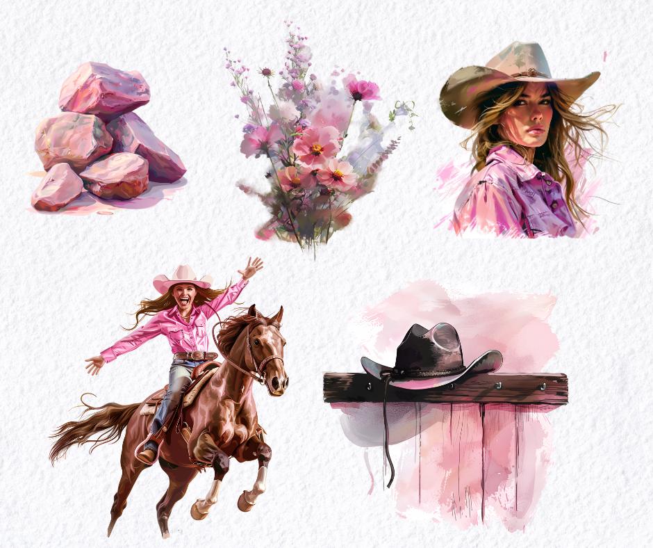 Pink Western Rodeo Clipart Collection, Pink Watercolor Cowgirl Clipart ...