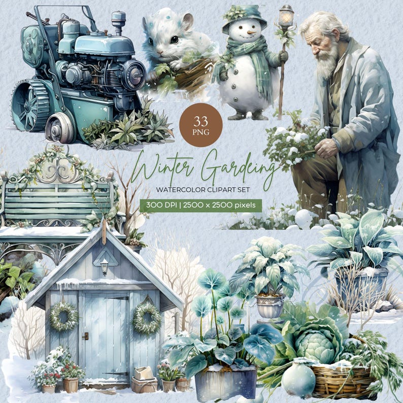 Watercolor Winter Gardening, Cottagecore Clipart Png, Cottage Living, Winter Gardening Bundle ...