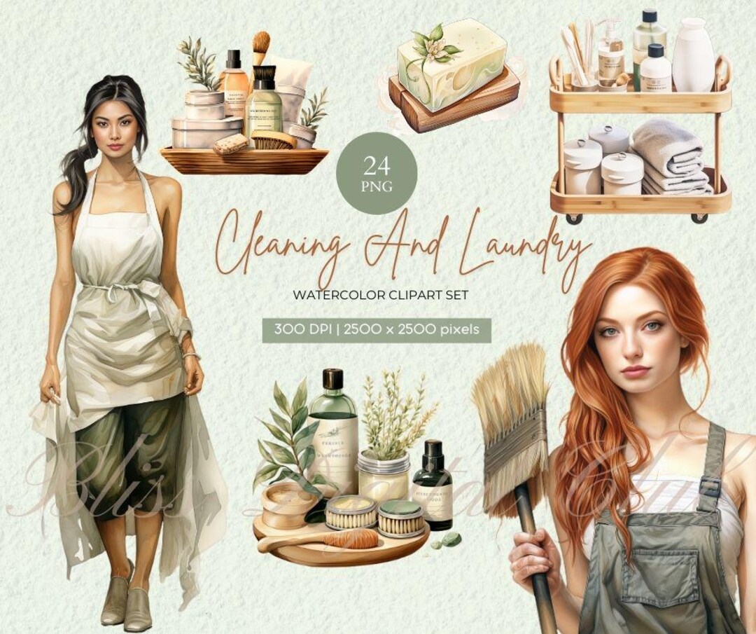 Watercolor Cleaning and Laundry, Cottagecore Clipart Png, Cottage ...