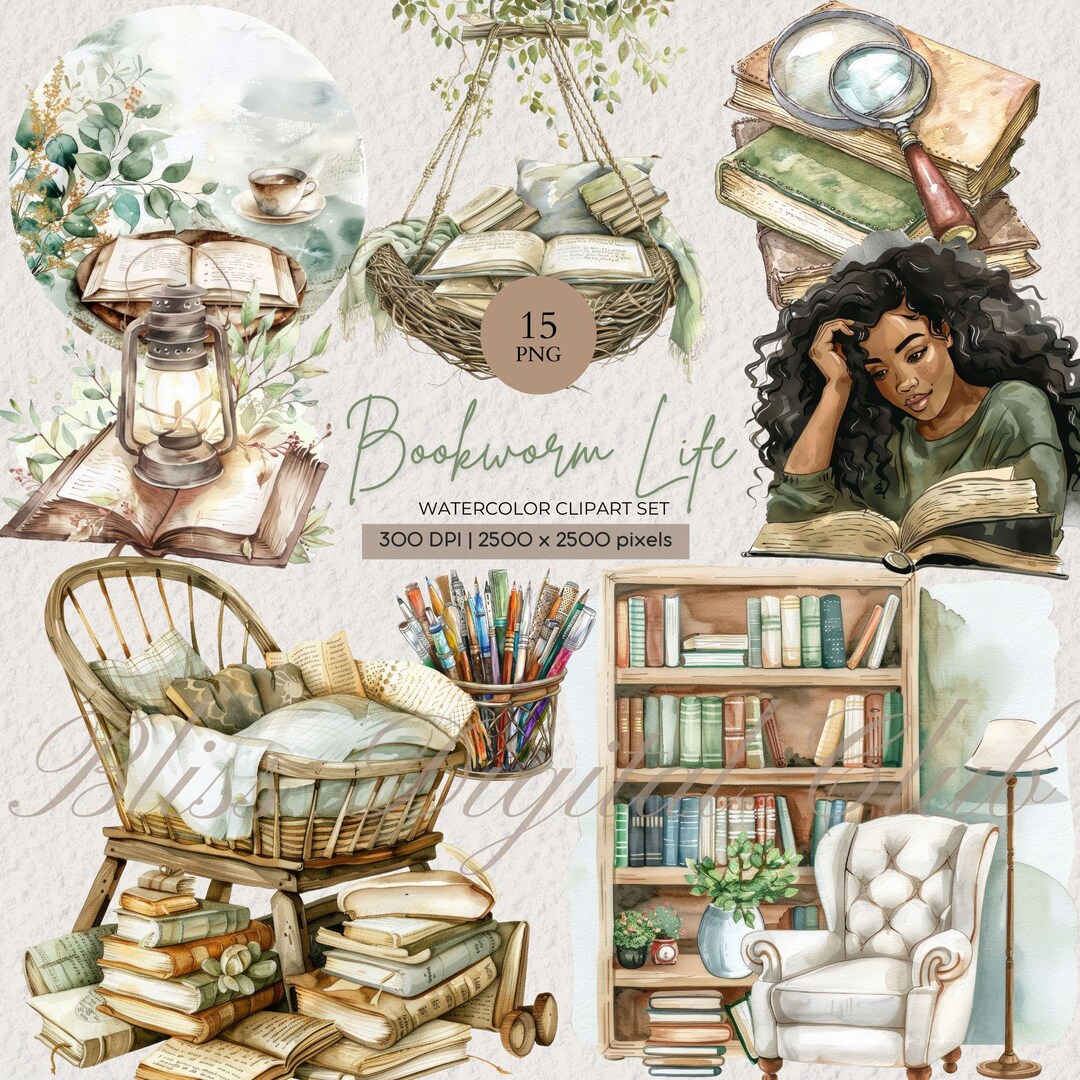 Watercolor Bookworm Life, Cottagecore Clipart PNG, Cottage Living ...