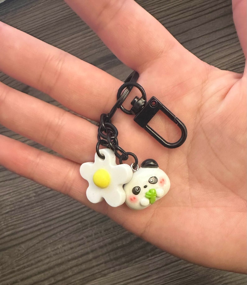 Cute Panda Keychain With Flower Charm Adorable Animal Keychain - Etsy