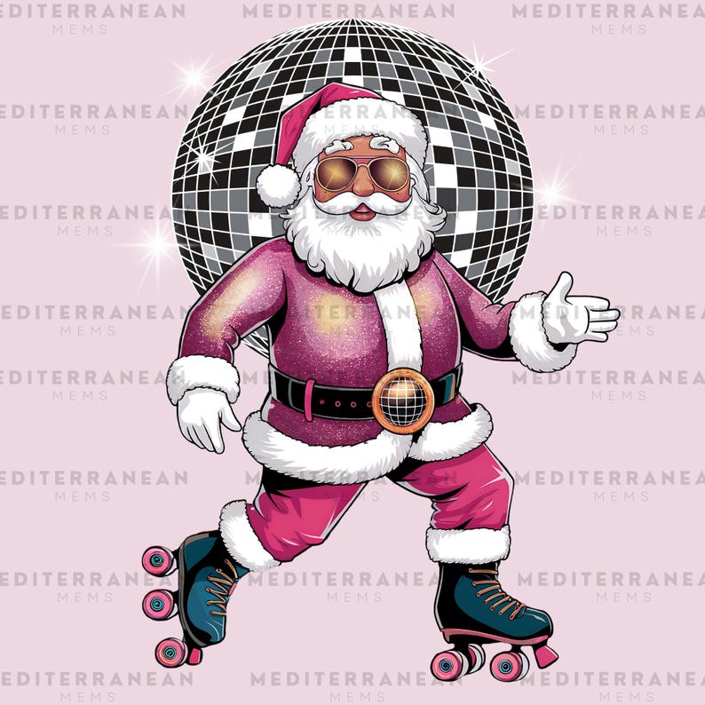 Disco Santa PNG, Roller Skating Santa Claus Digital Download, Sparkly ...