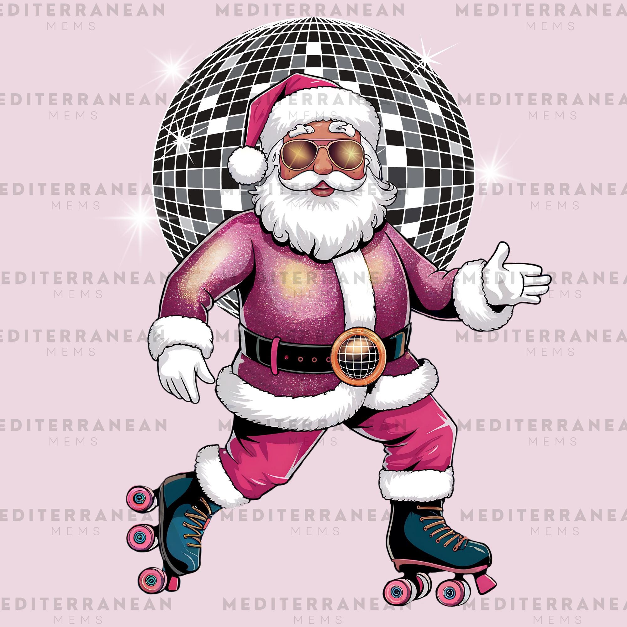 Disco Santa PNG, Roller Skating Santa Claus Digital Download, Sparkly ...