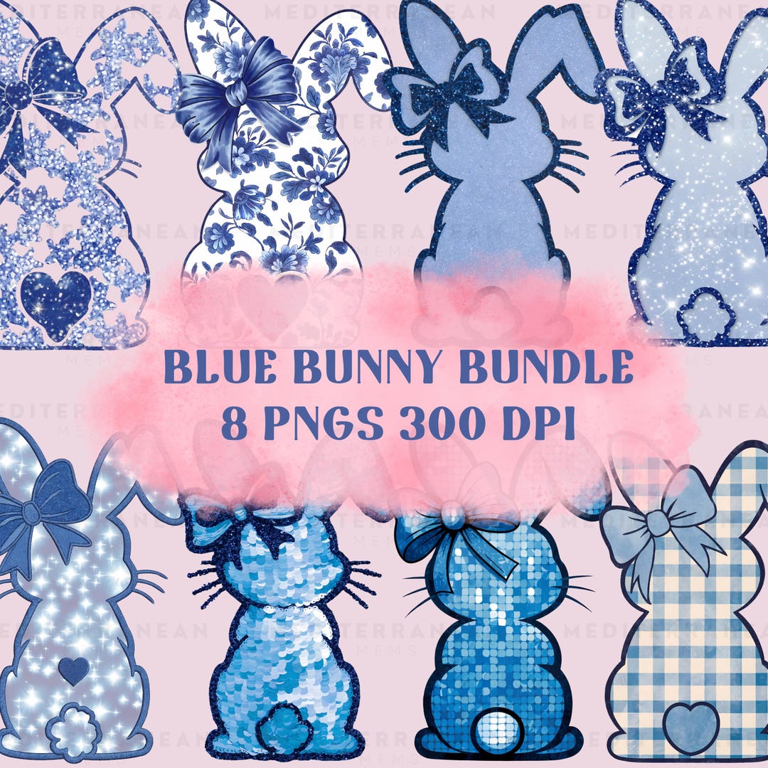 Blue Bunny PNG Bundle, Sparkly Easter Bunny Design, Blue Coquette ...