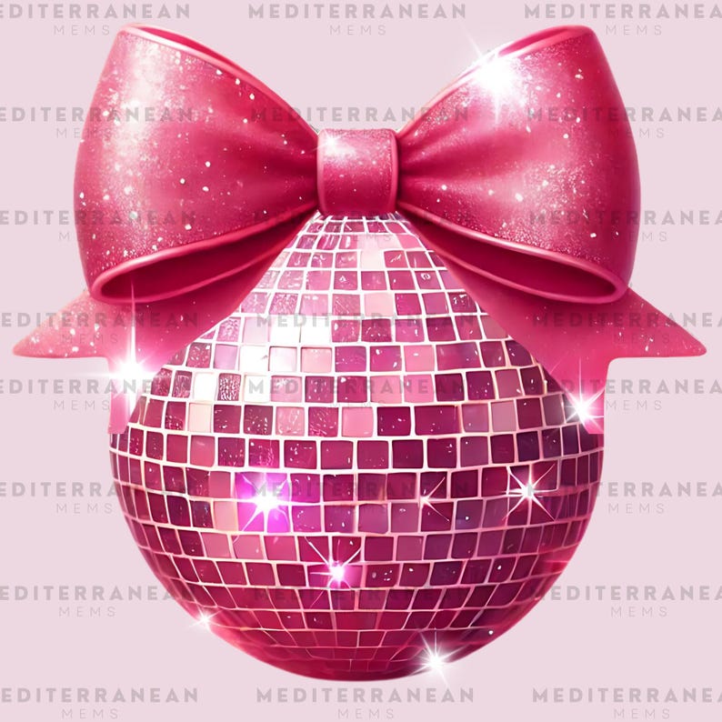 Pink Sparkly Disco Ball Bow PNG, New Years Eve Disco Ball DTF, Glitter ...