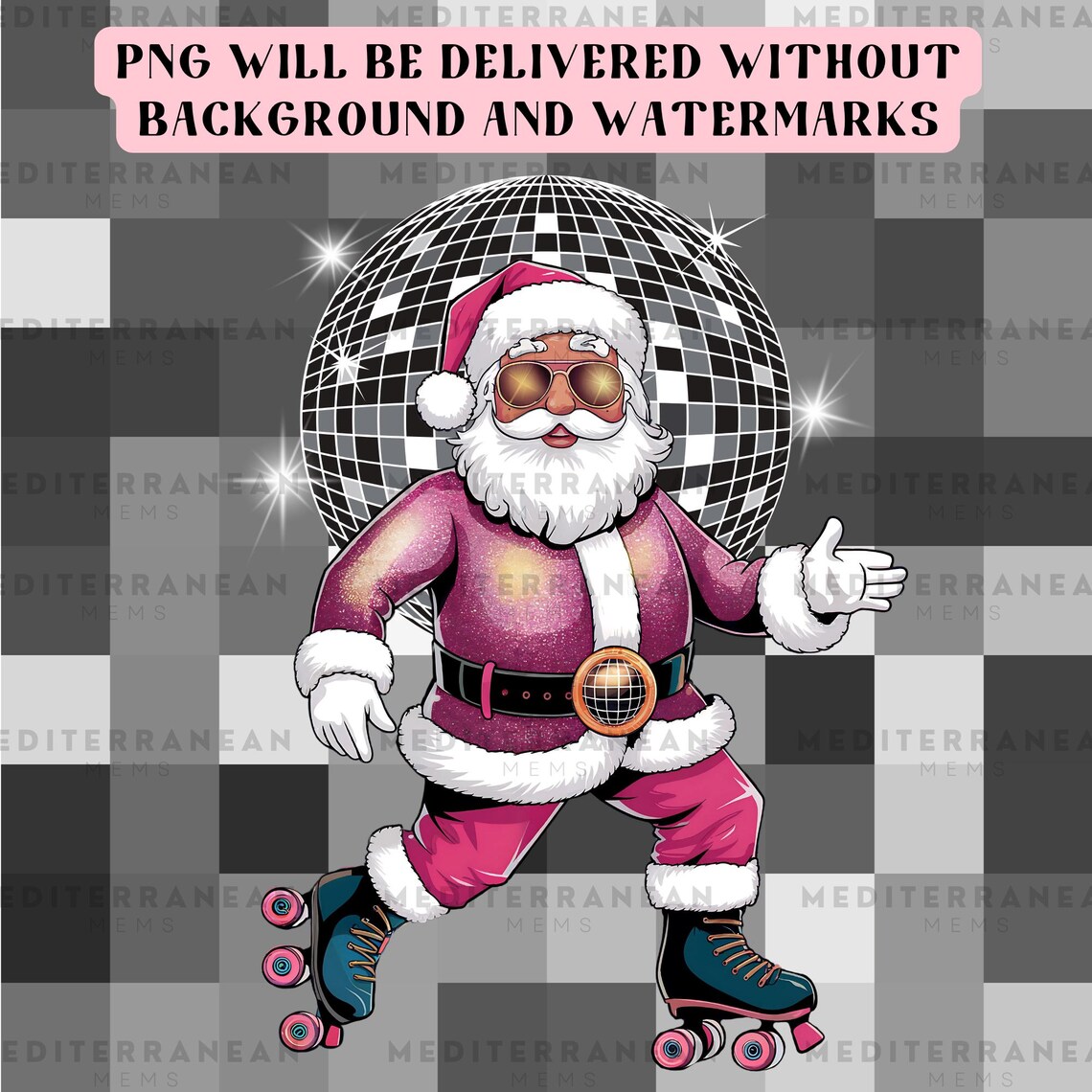 Disco Santa PNG, Roller Skating Santa Claus Digital Download, Sparkly ...