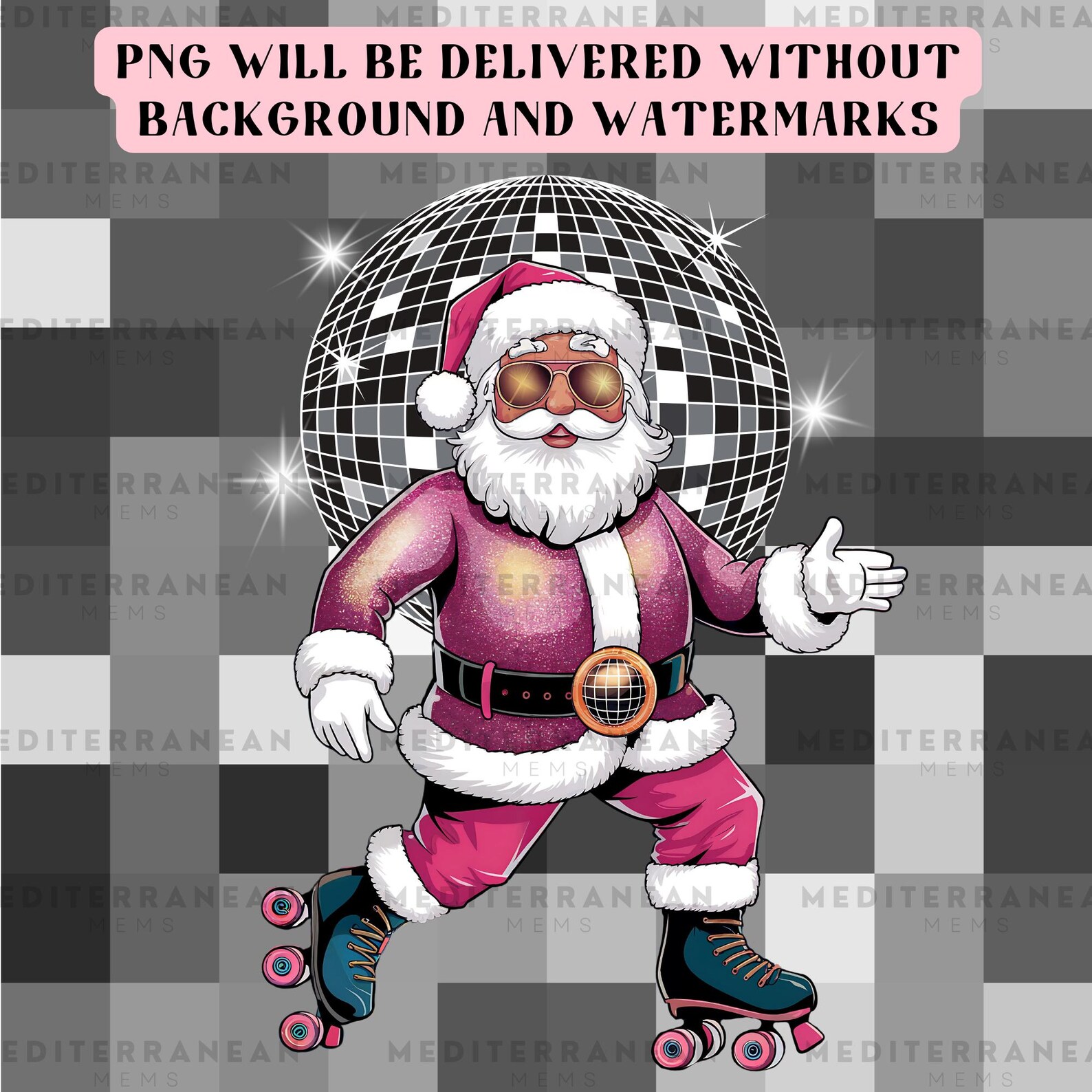 Disco Santa PNG, Roller Skating Santa Claus Digital Download, Sparkly ...