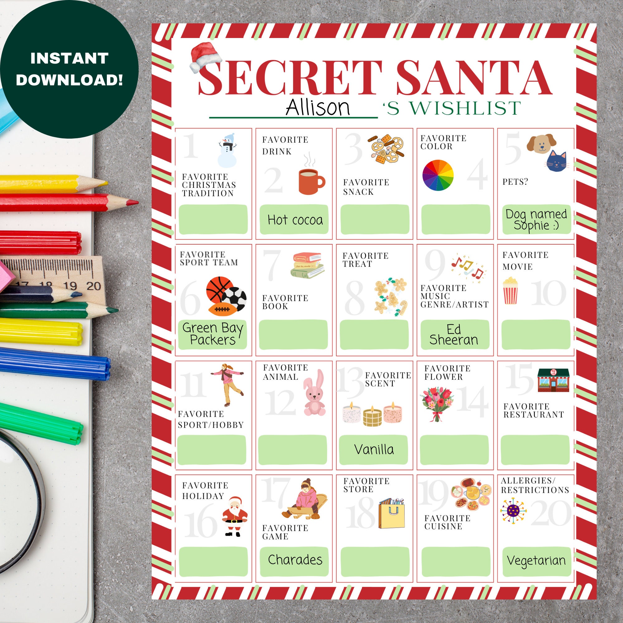 Printable Secret Santa Questionnaire, Downloadable Secret Santa ...