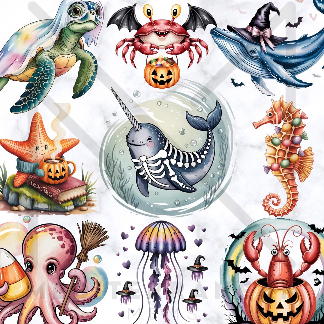 9 Halloween Sea Creature Clipart, Watercolor Halloween Marine Animals ...
