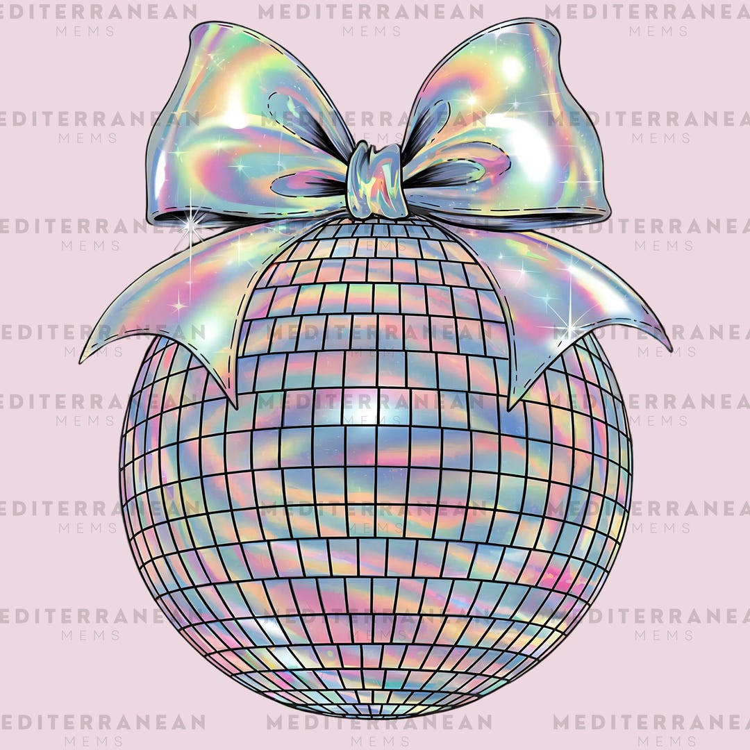 Iridescent Disco Ball Bow PNG, New Year's Eve Disco Ball DTF, Sparkling ...