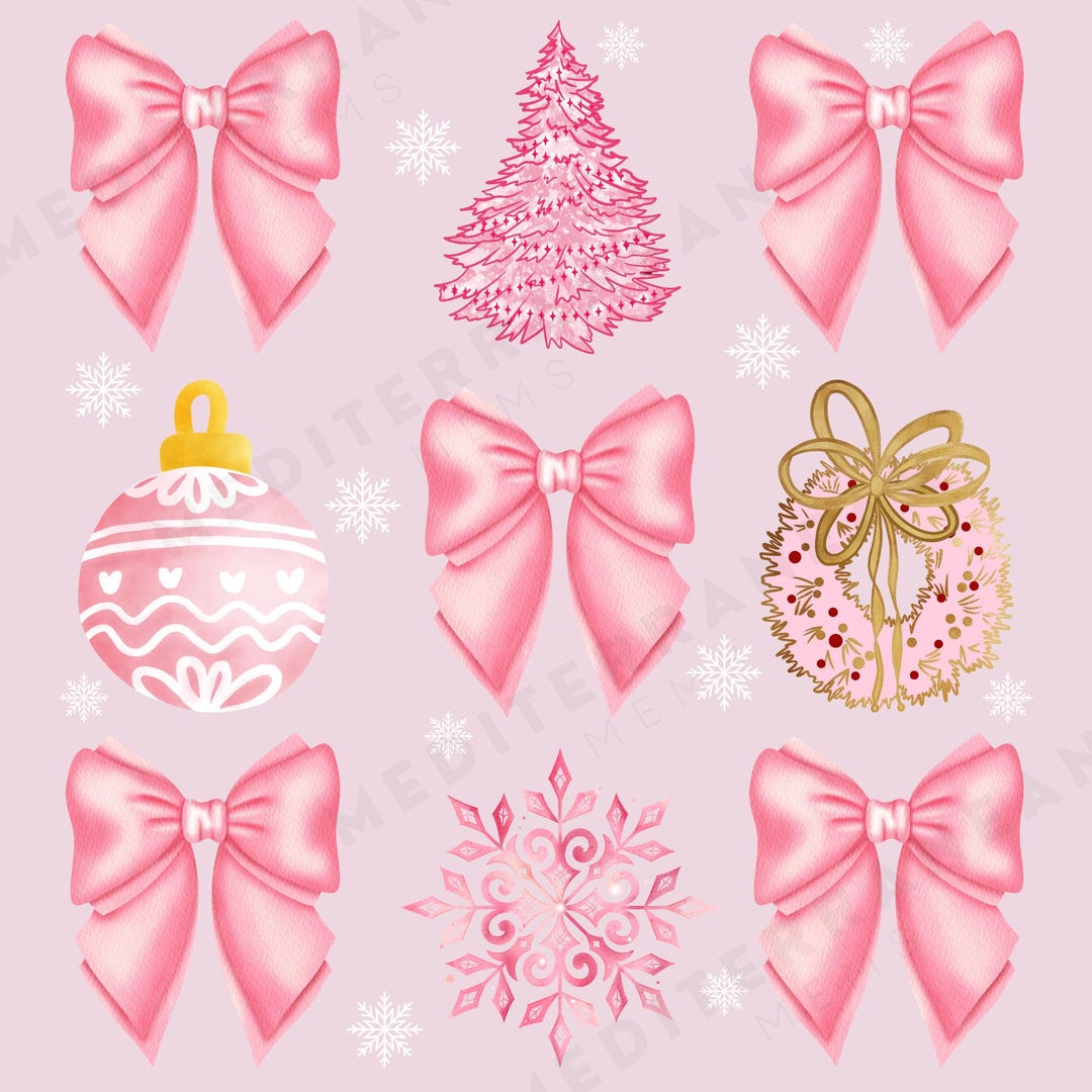 Blush Pink Christmas Collage PNG, Coquette Christmas Bow, Watercolor ...