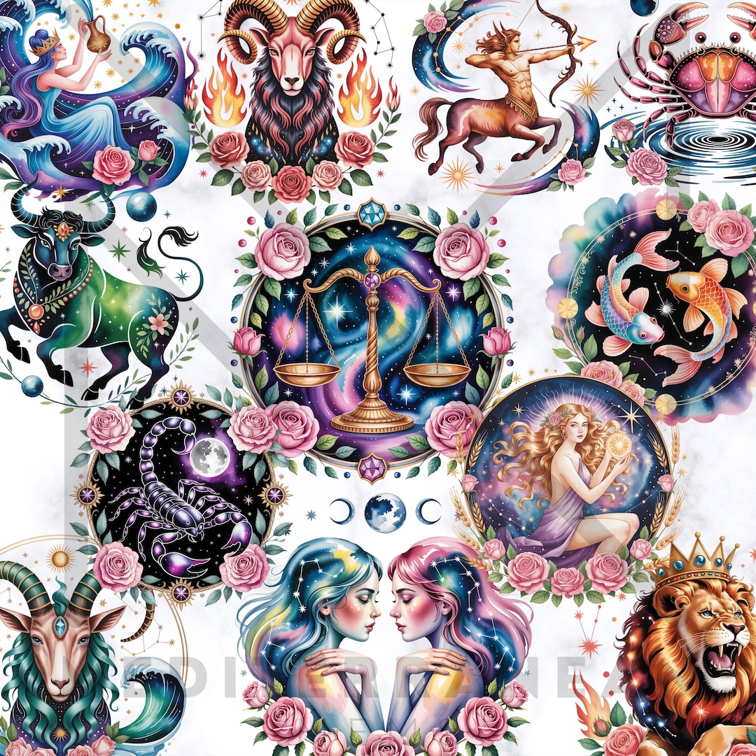 12 Zodiac Signs Clipart, Birthday Symbols, Colorful Astrology PNG ...