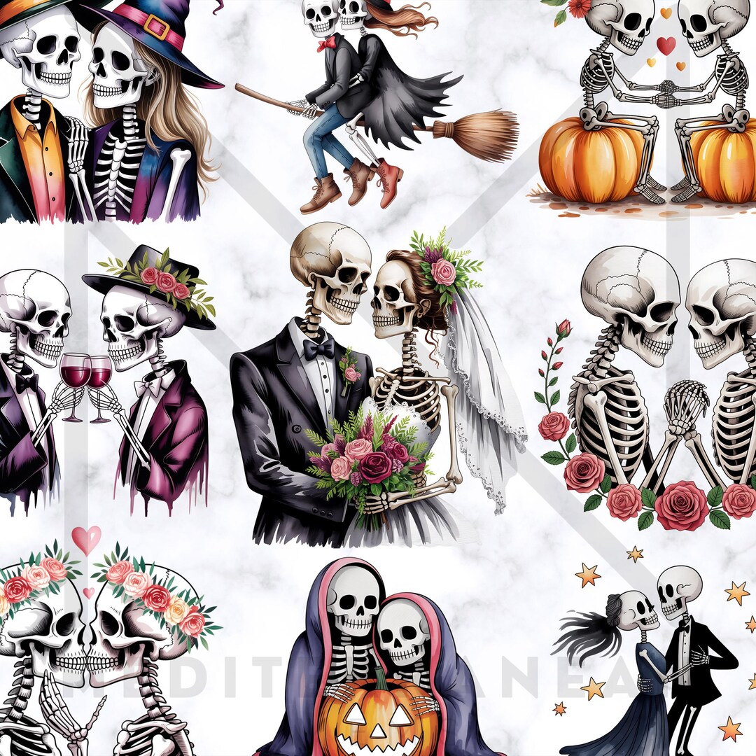 9 Skeleton Couples Clipart, Watercolor Halloween Design, Spooky Scary ...