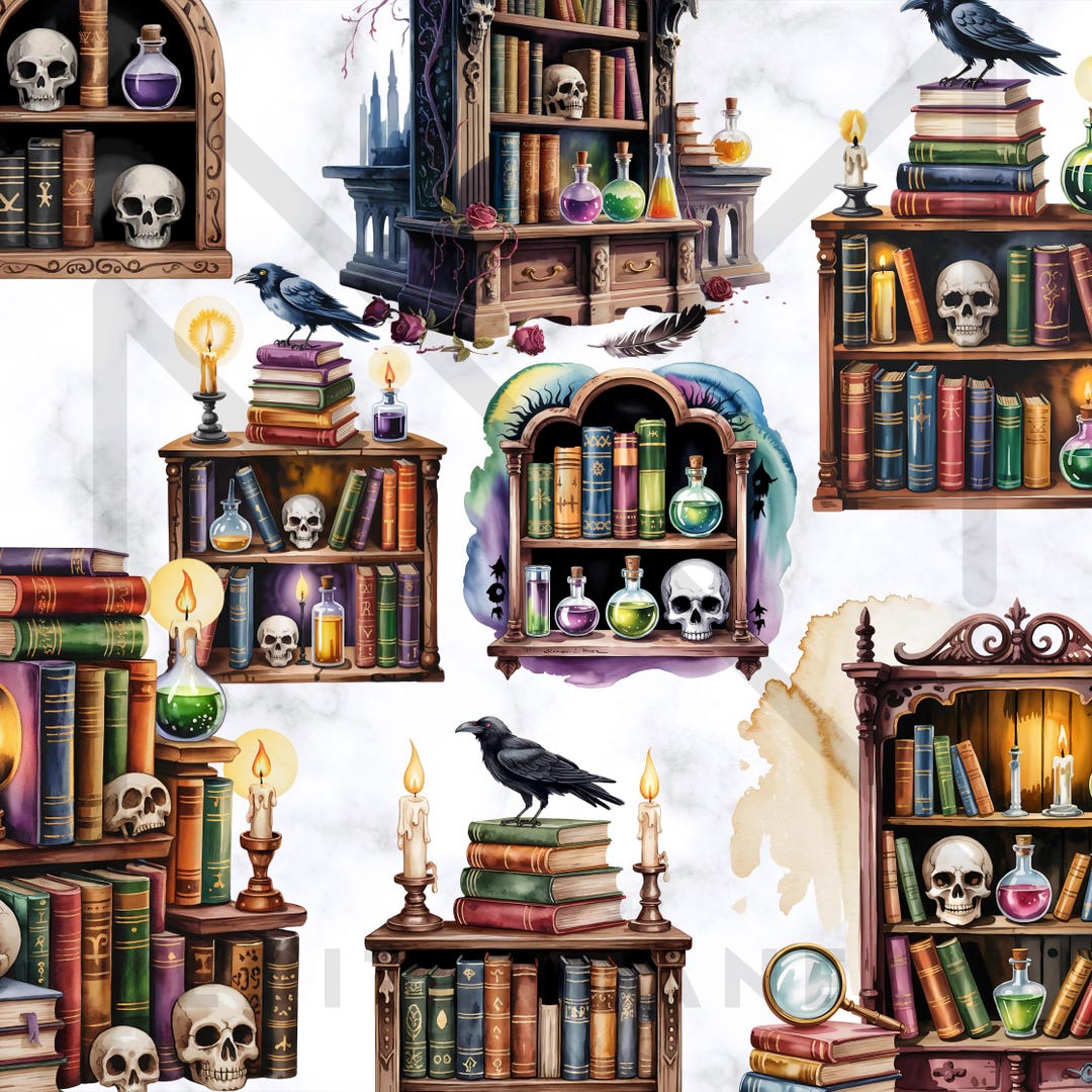 8 Haunted Bookshelf Clipart, Watercolor Halloween Design, Reading Book ...