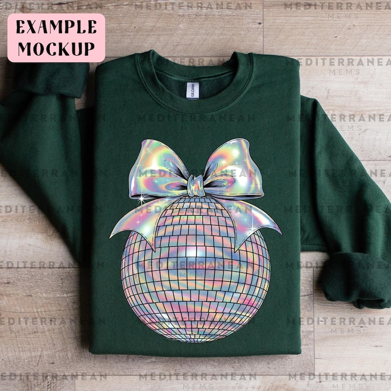 Iridescent Disco Ball Bow PNG, New Year's Eve Disco Ball DTF, Sparkling ...