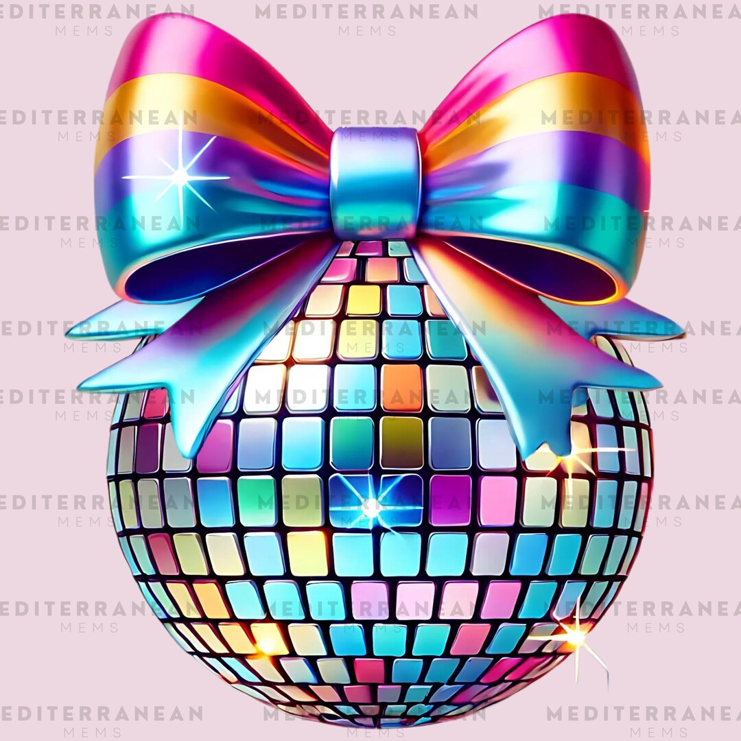 Rainbow Disco Ball Bow PNG, New Year's Eve Colorful Disco Ball DTF ...