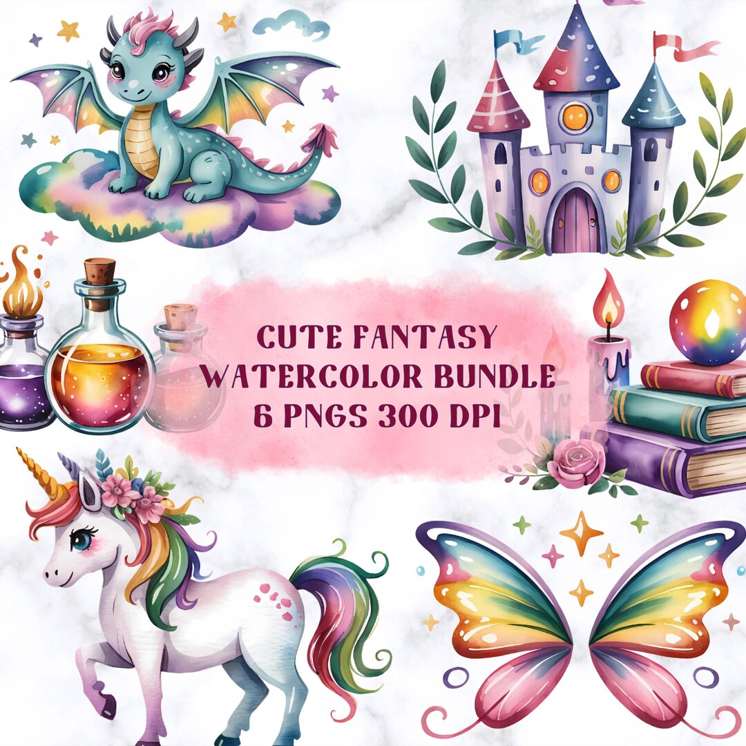 6 Fantasy Watercolor Clipart, Cute Fairytale Clipart, Magic Design Art ...